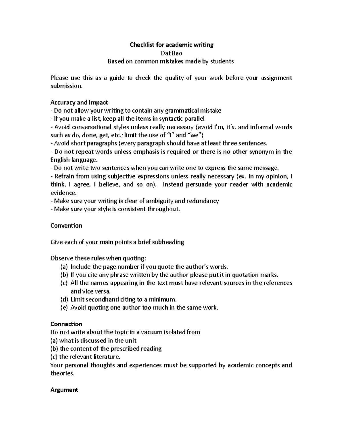 Activity 4 - Checklist for academic writing - Checklist for academic ...