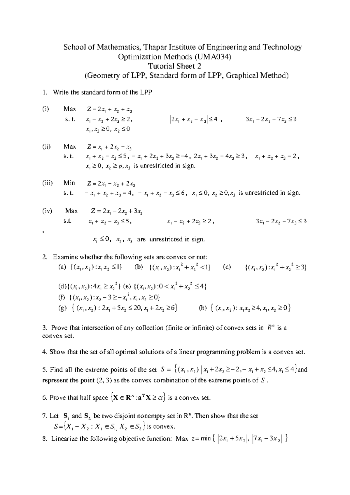 Tutorial Sheet 2 - solve it - School of Mathematics, Thapar Institute ...