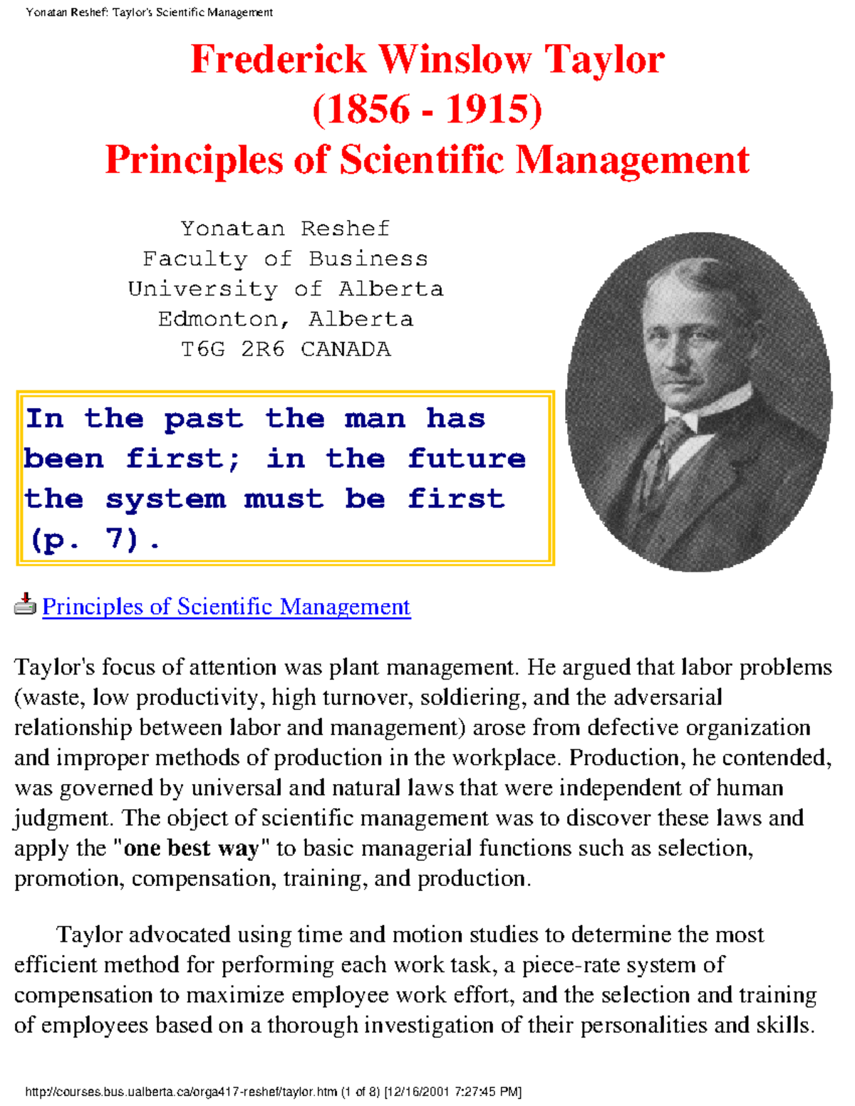 Taylorism - Frederick Winslow Taylor (1856 - 1915) Principles of ...