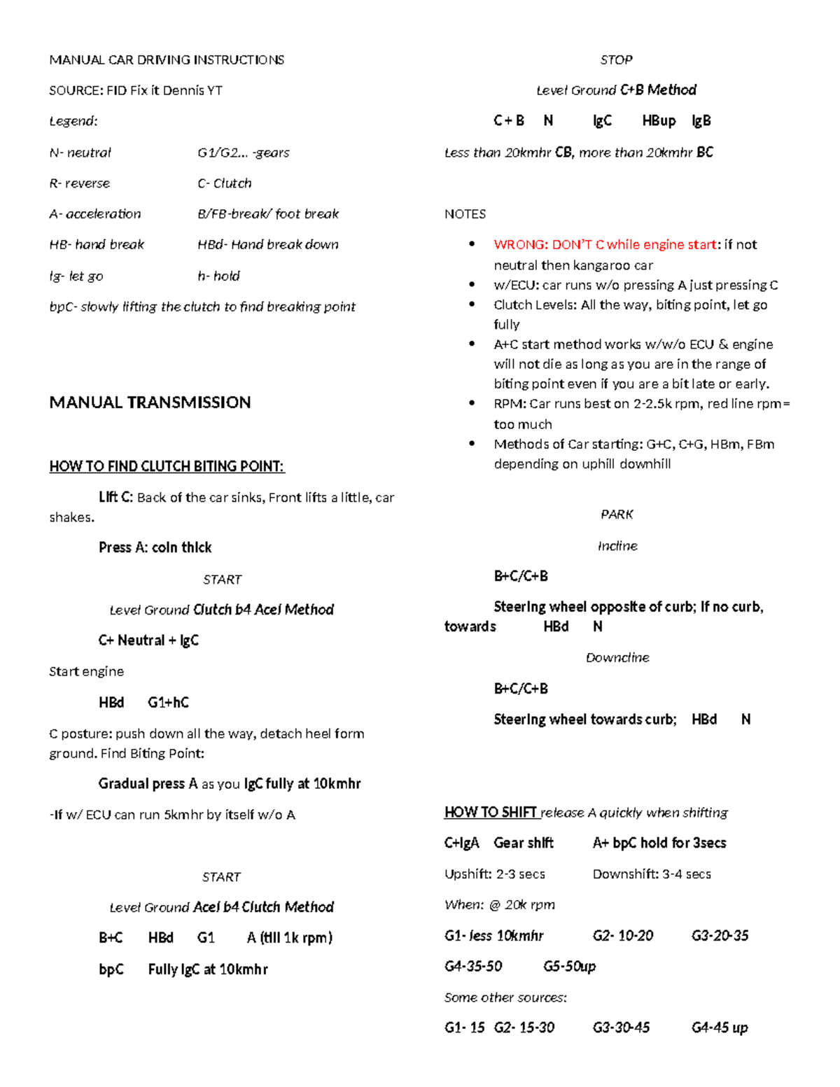 Manual CAR Driving Instructions - MANUAL CAR DRIVING INSTRUCTIONS ...