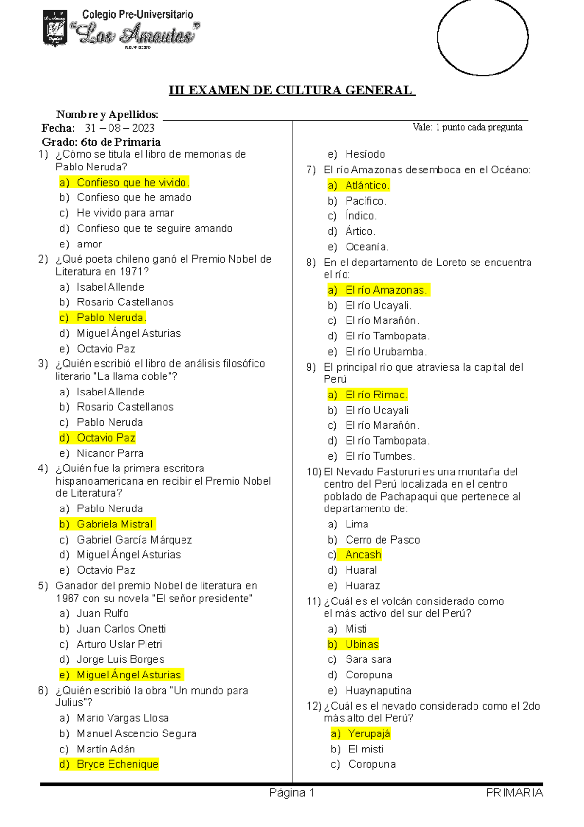 Examen DE Cultura General III ( 6to de Primaria ) respuestas - III EXAMEN DE CULTURA GENERAL ...