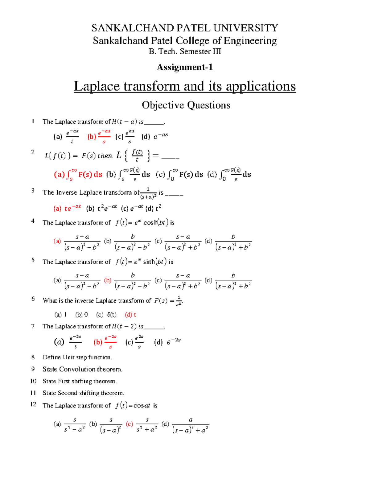 Laplace transform Assignment - SANKALCHAND PATEL UNIVERSITY Sankalchand Patel College of ...
