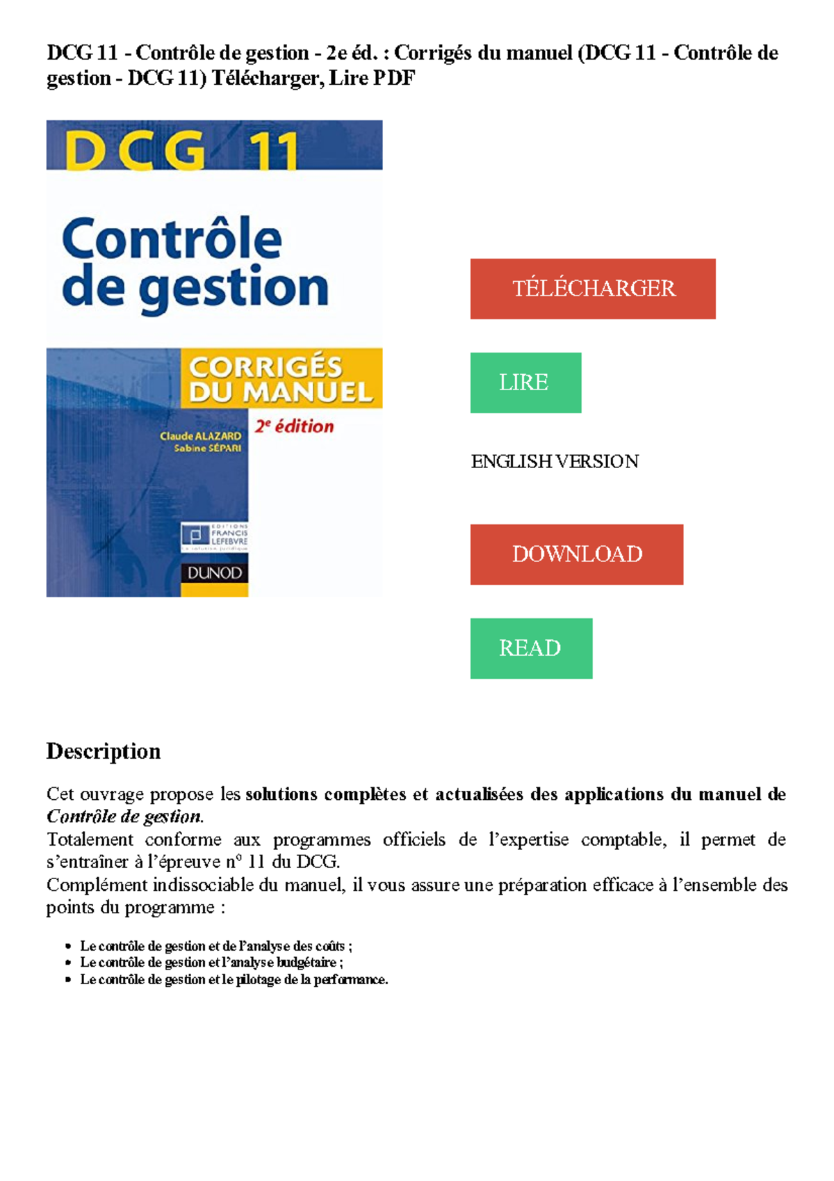 DCG 11 - Contrôle de gestion - 2e éd. Corrigés du manuel (DCG 11 - Contrôle de gestion - DCG 11 ...