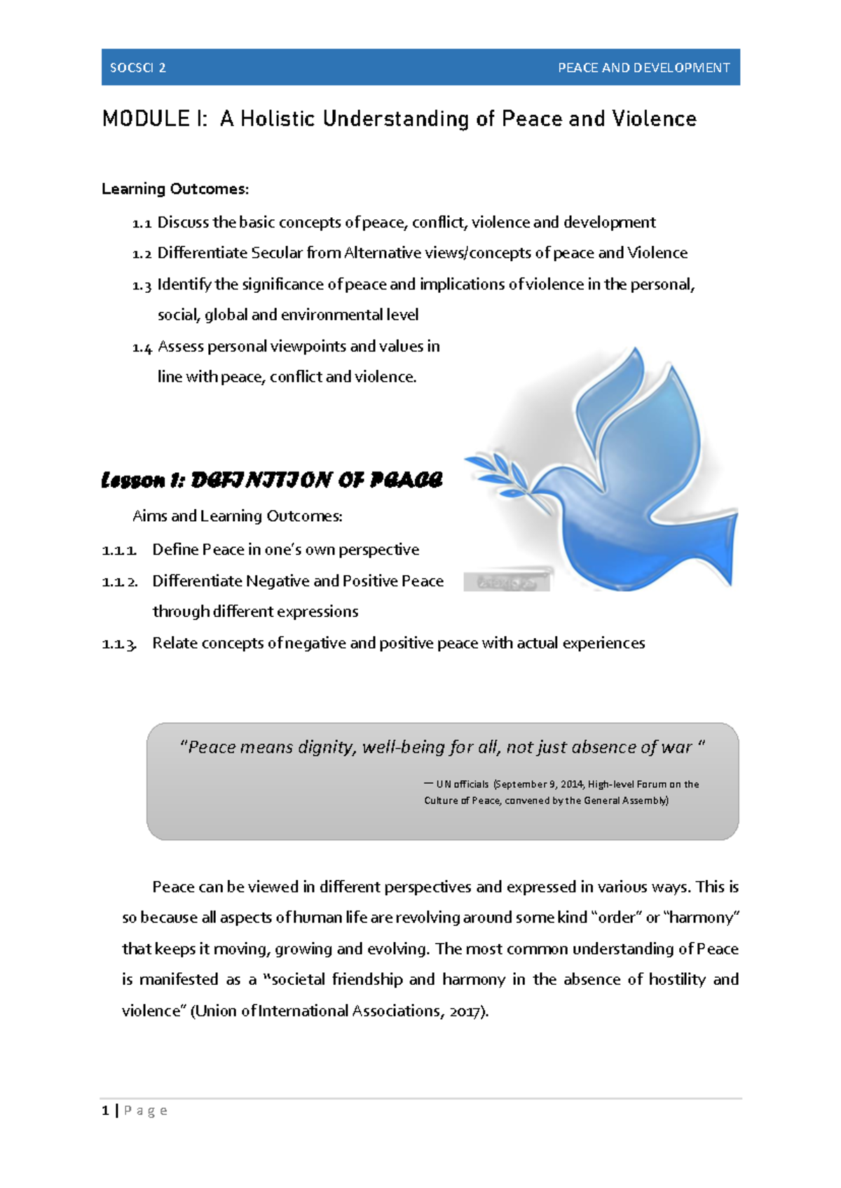 Chapter 1 Lesson 1 - none - MODULE I: A Holistic Understanding of Peace ...
