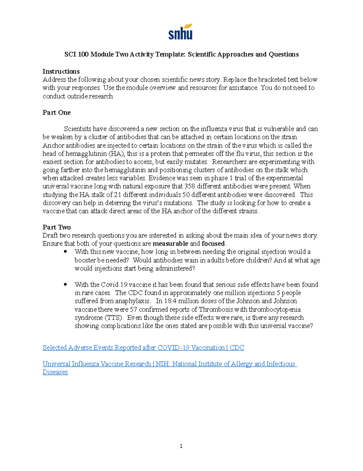 SCI 100 Module Two Activity Approaches and Questions - SCI 100 Module Two Activity Template ...