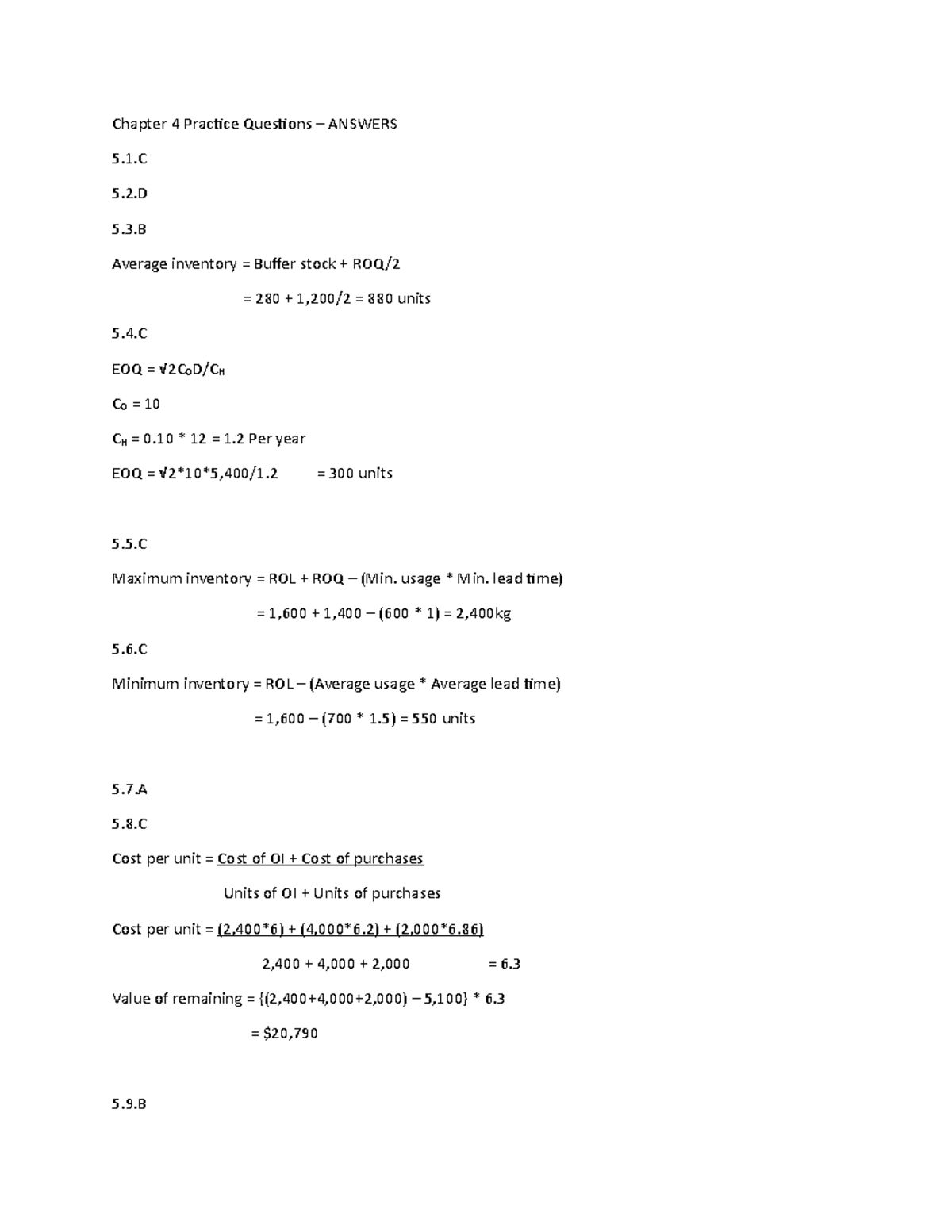 Answers to chapter 4 practice questions - Chapter 4 Practice Questions – ANSWERS 5.1 5.2 5.3 ...