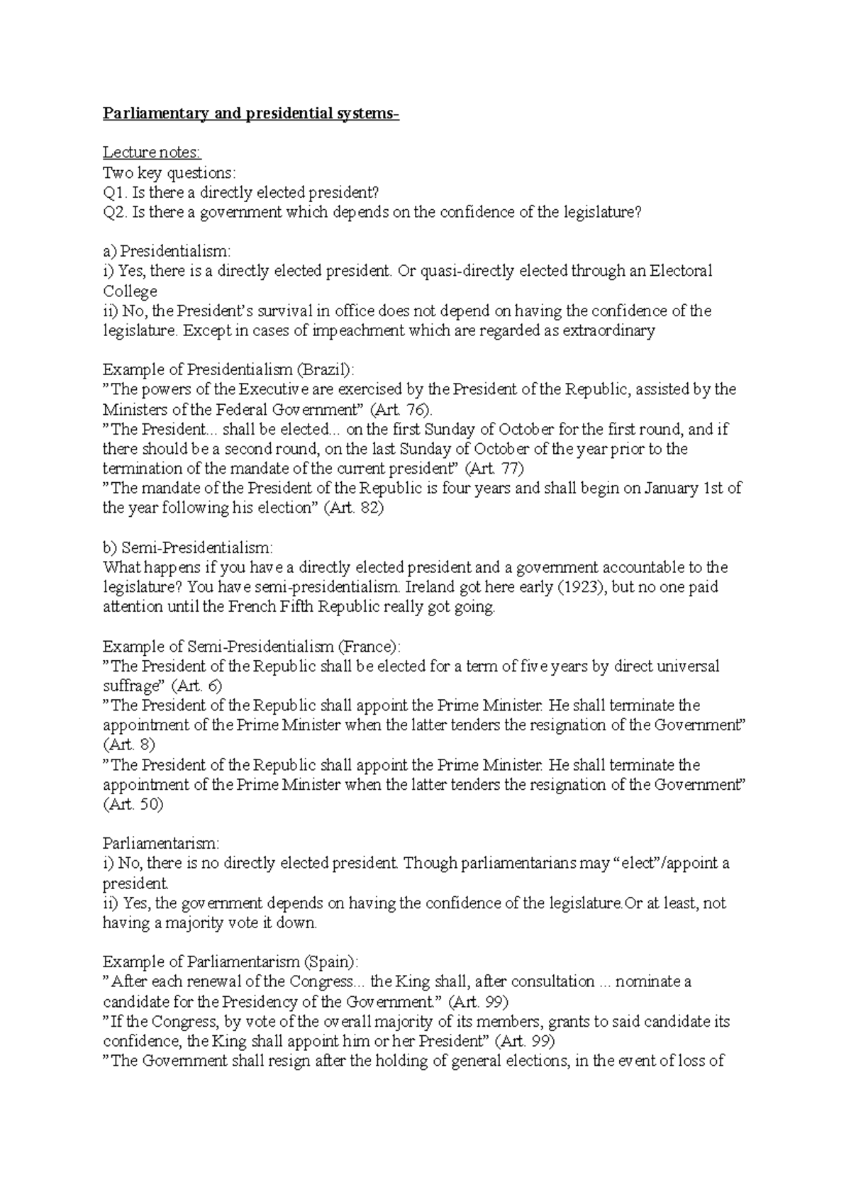 Parliamentary and presidential systems - Parliamentary and presidential ...