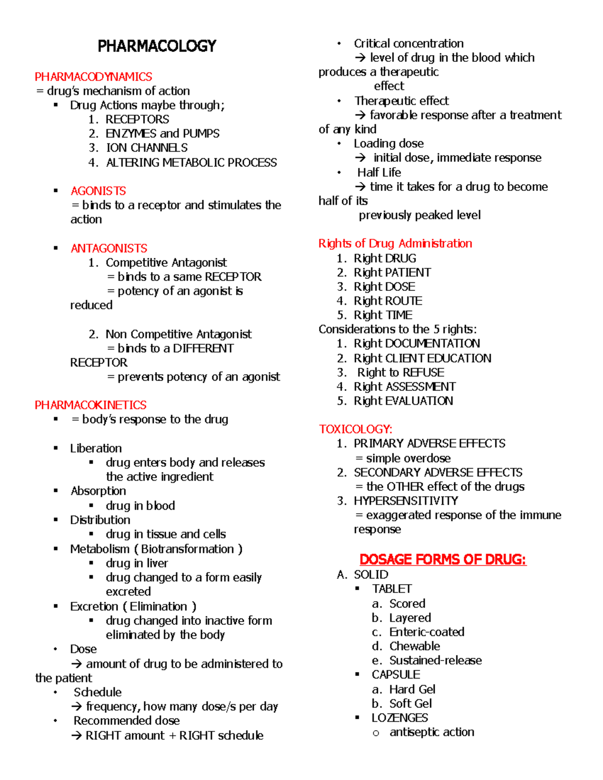 CA1 Pharmacology Handout - PHARMACOLOGY PHARMACODYNAMICS = drug’s mechanism of action Drug ...
