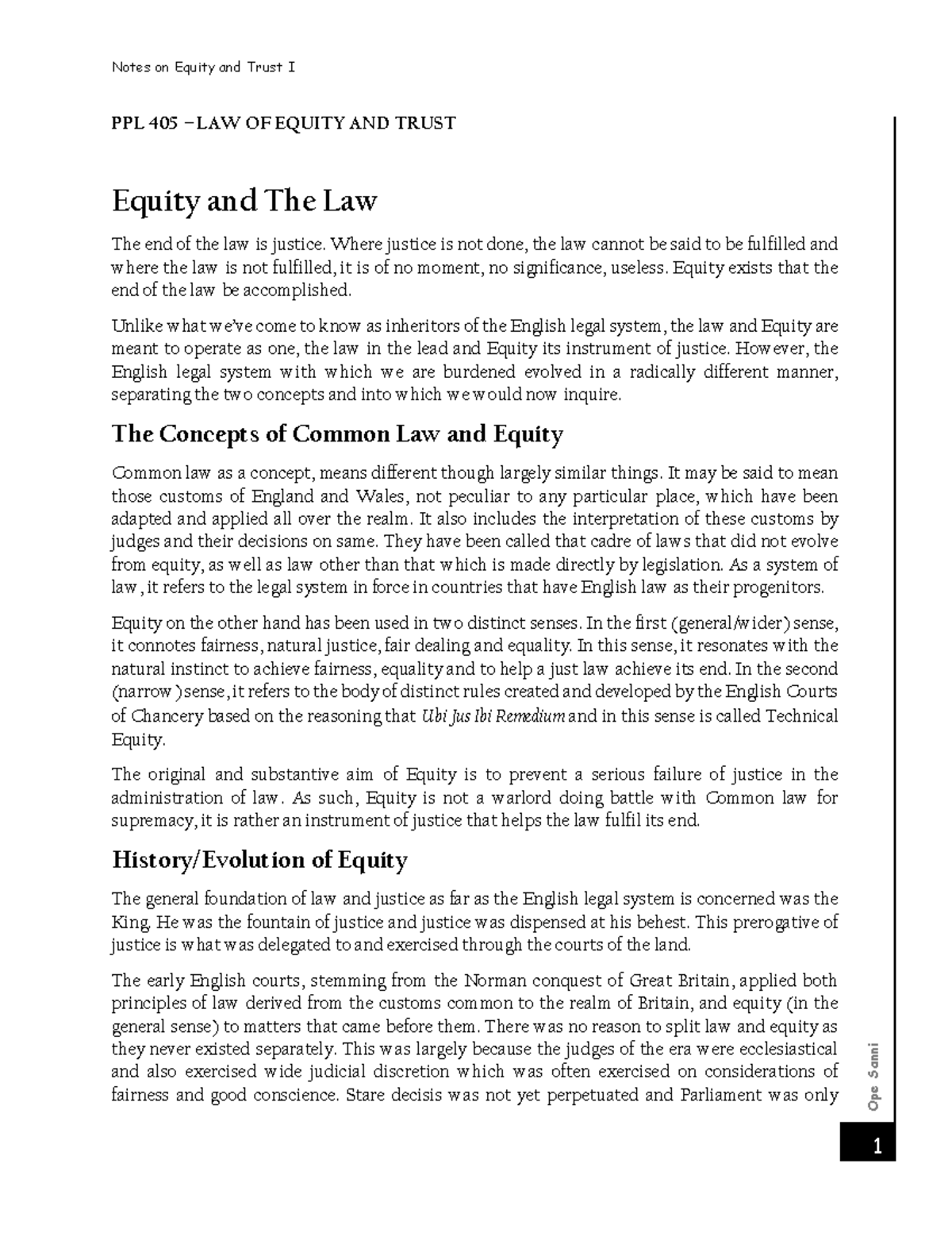 Notes on Equity and Trust I - Copy - Ope Sanni PPL 405 – LAW OF EQUITY ...