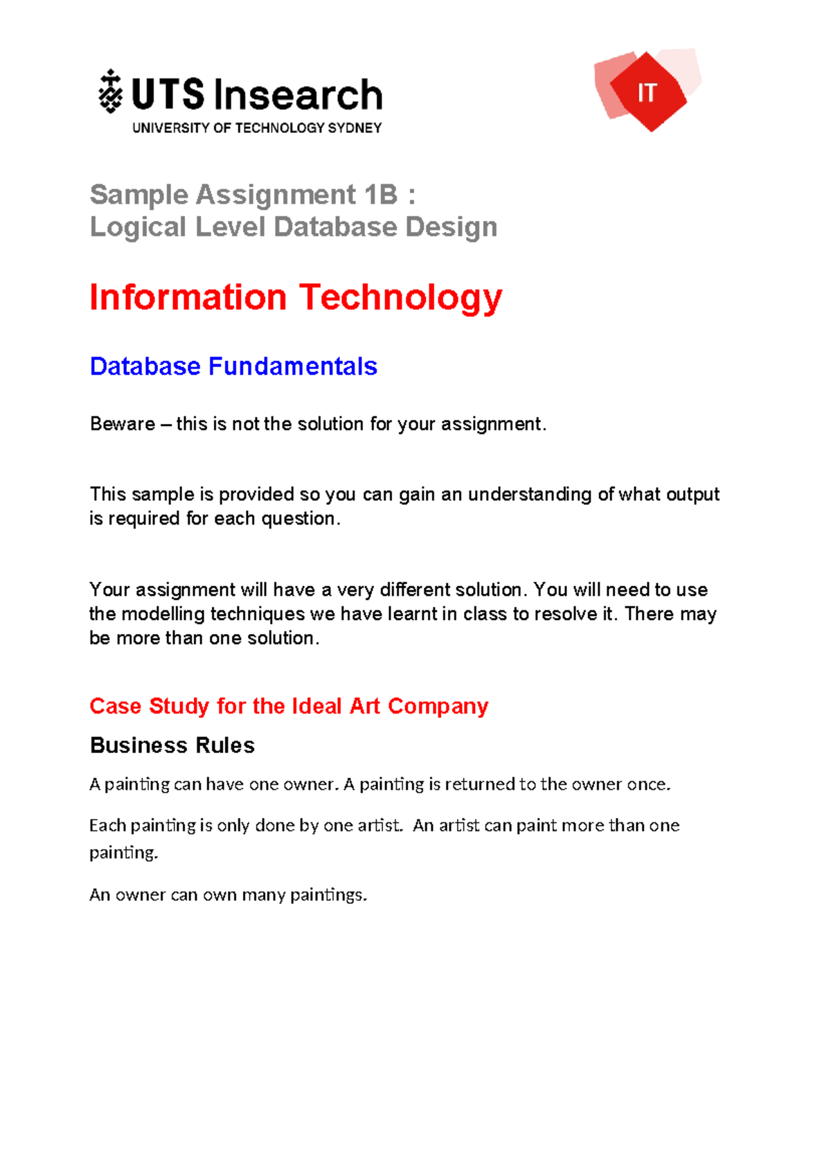 Sample Assignment 1B - This sample is provided so you can gain an understanding of what output ...