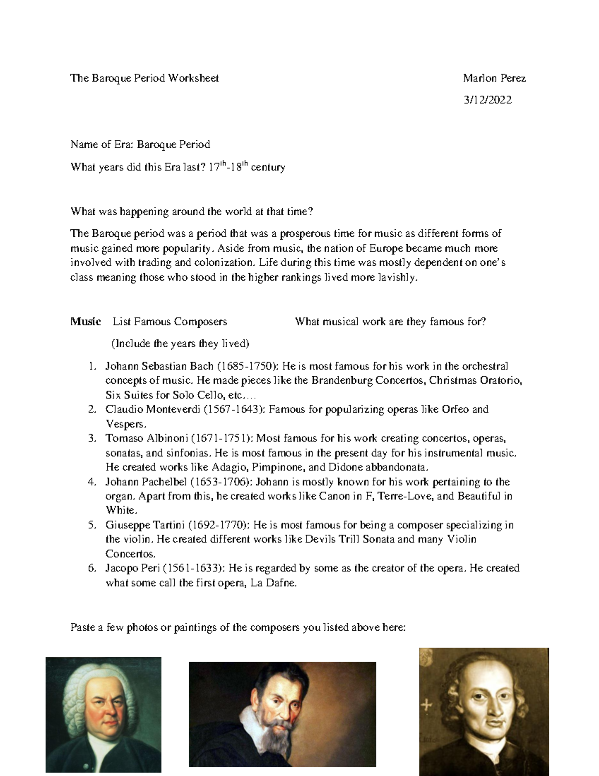 The Baroque Period - 132 - The Baroque Period Worksheet Marlon Perez 3 ...