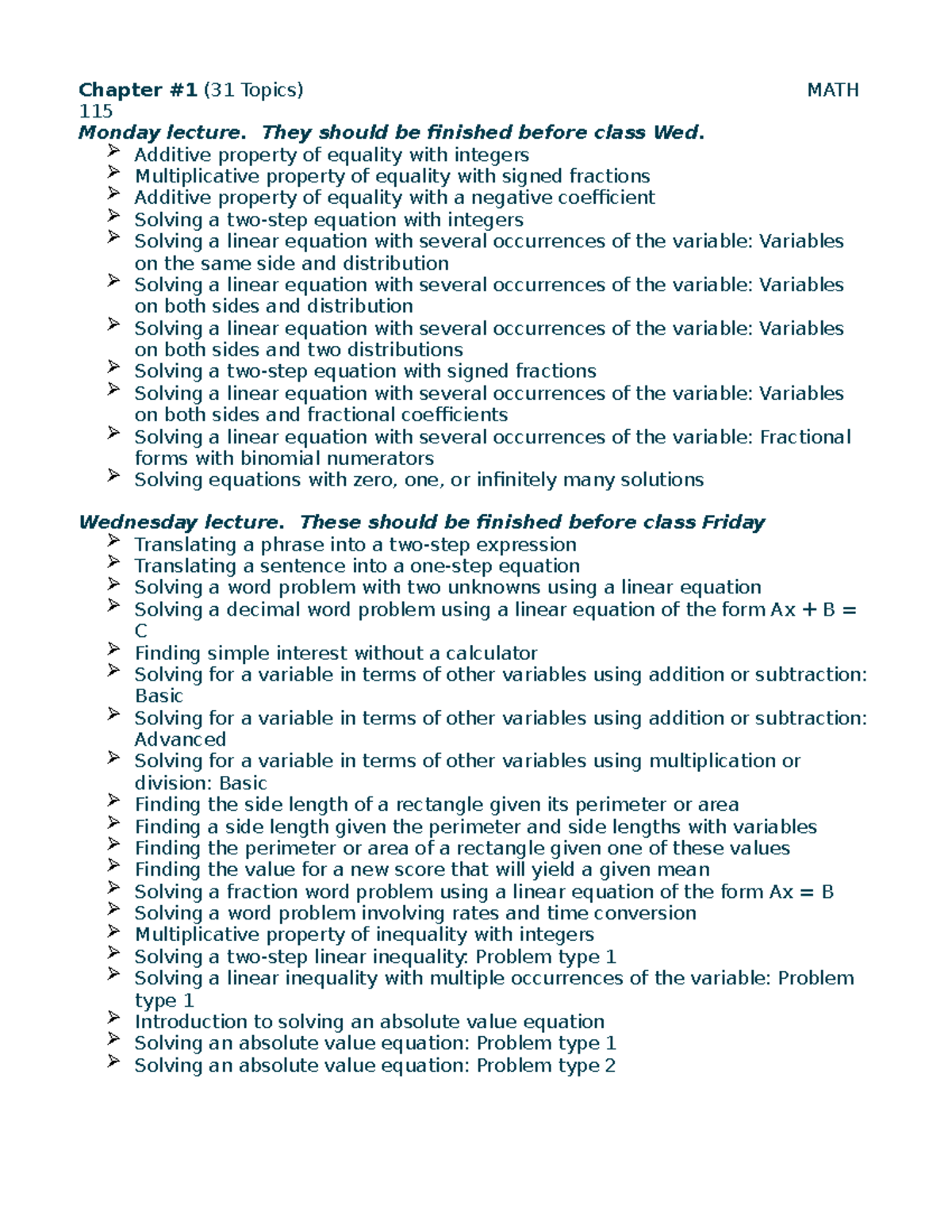 Ch 1 topics - Chapter 1 goals - Chapter #1 (31 Topics) MATH 115 Monday ...