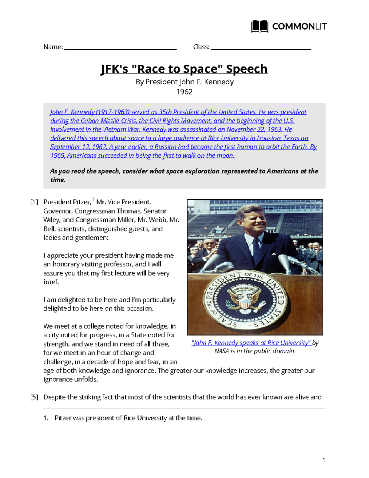 Jose Guardado - JFK's "Race to Space" Speech-teacher - Name: Class ...