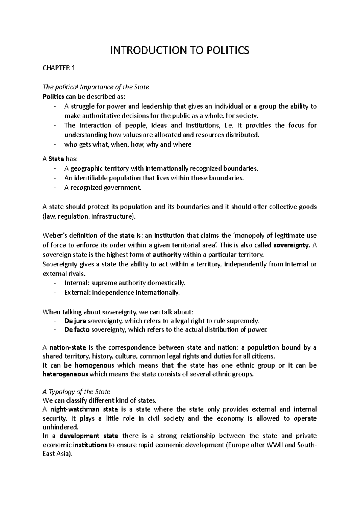 Summary Politics, Garner - INTRODUCTION TO POLITICS CHAPTER 1 The poli ...