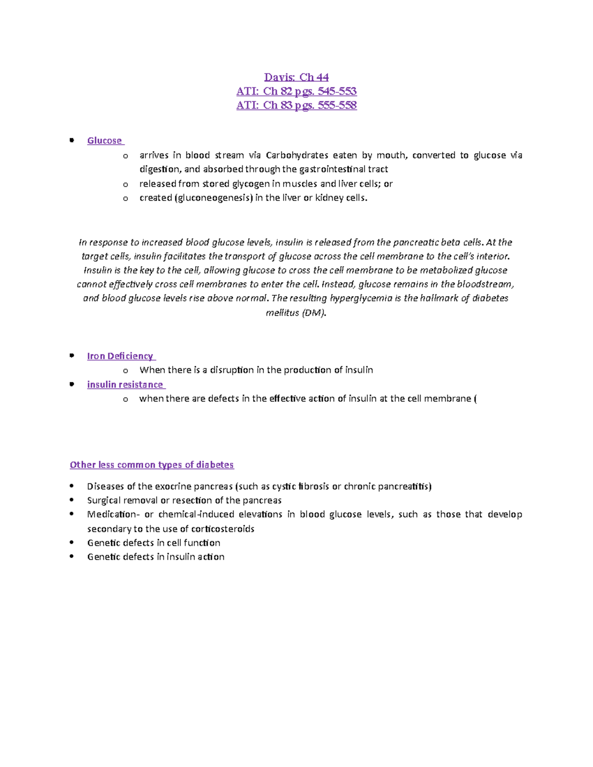 Diabetes Type 1 - notes - Davis: Ch 44 ATI: Ch 82 pgs. 545- ATI: Ch 83 ...