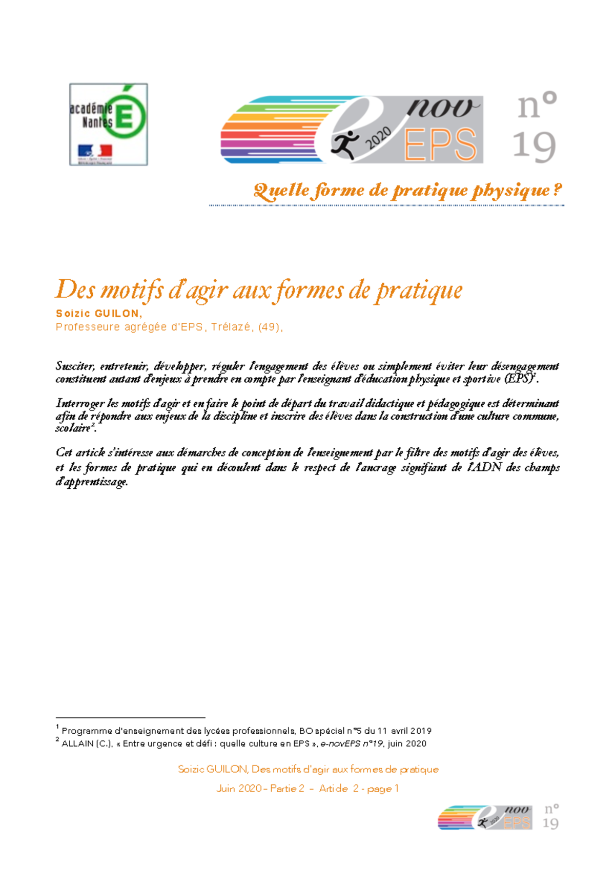 E nov EPS 19 P2 A2 Guillon - Soizic GUILON, Des motifs d’agir aux ...