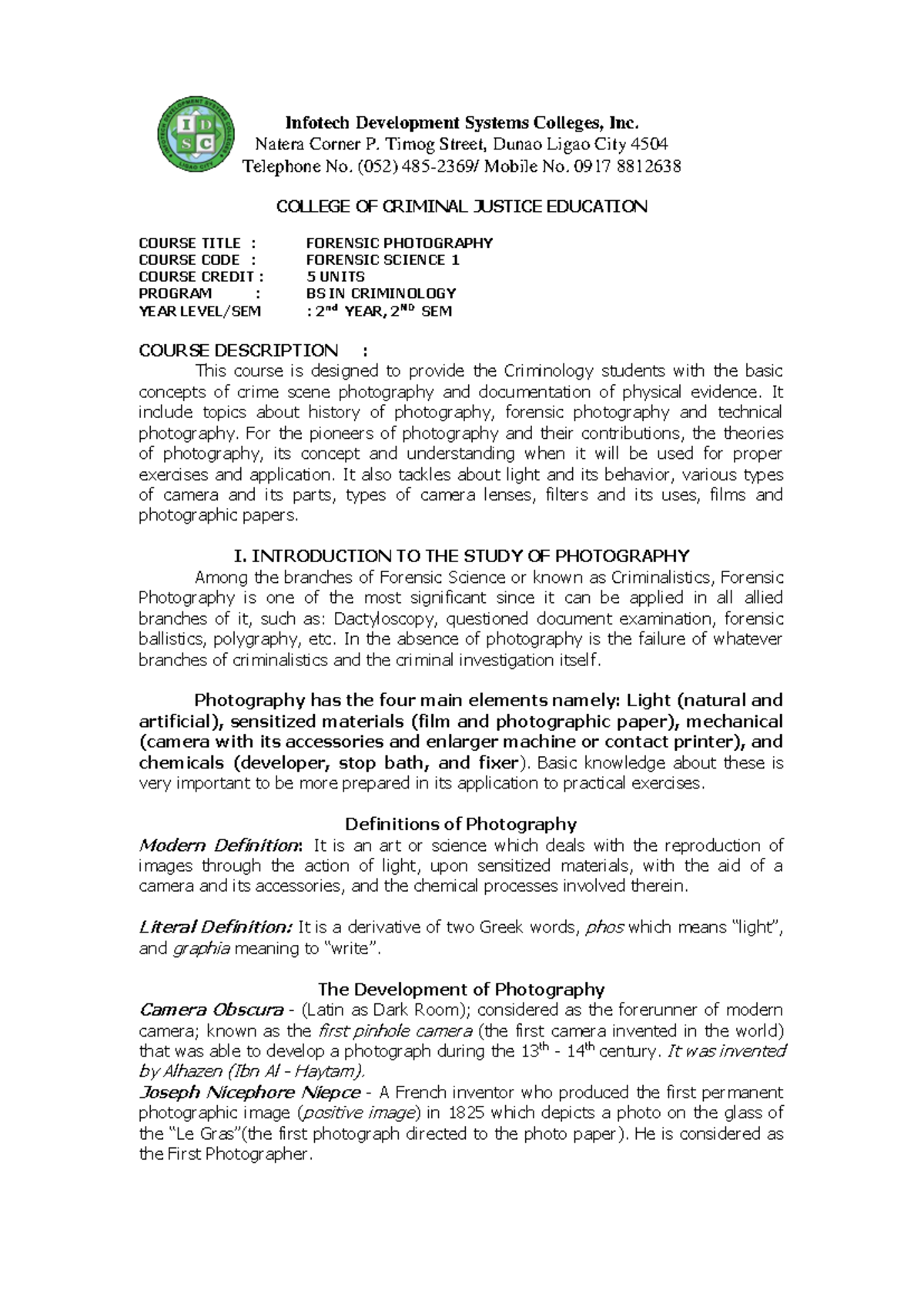 Notes on Forensic Photography (FS1) - Infotech Development Systems ...
