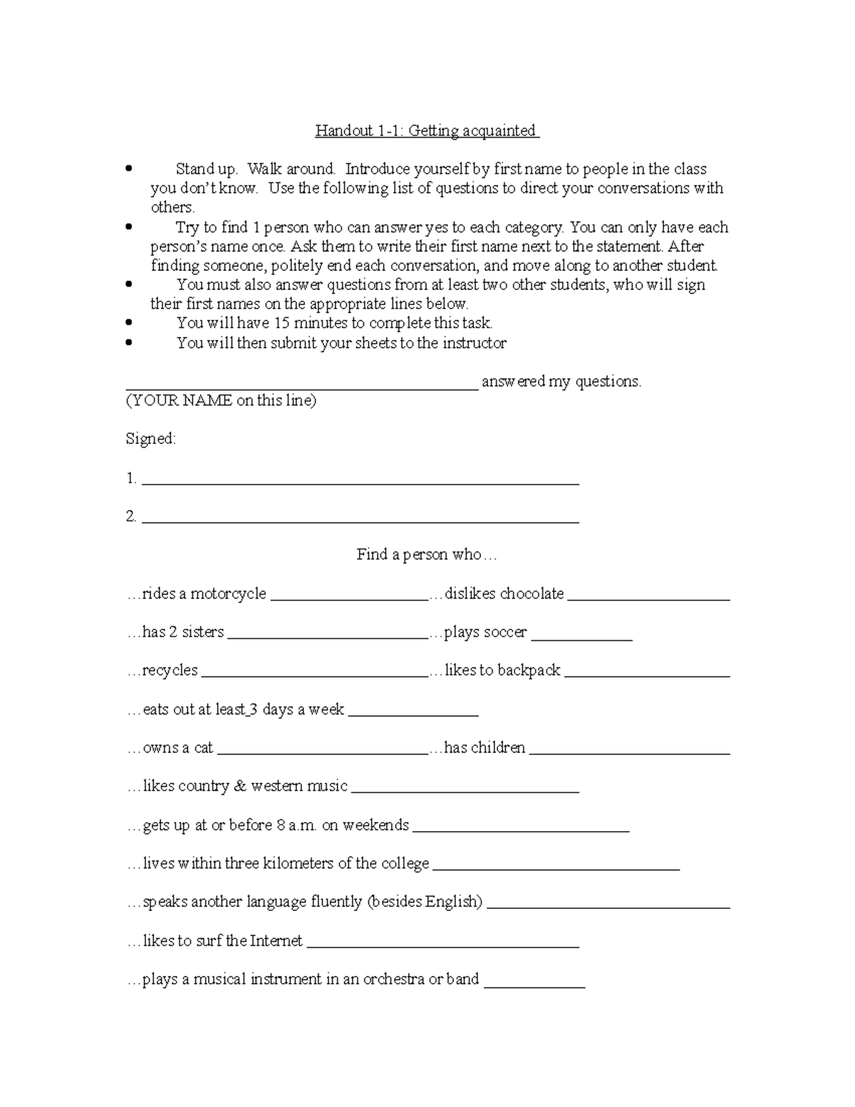 Chapter 1 activities - Handout 1-1: Getting acquainted Stand up. Walk ...