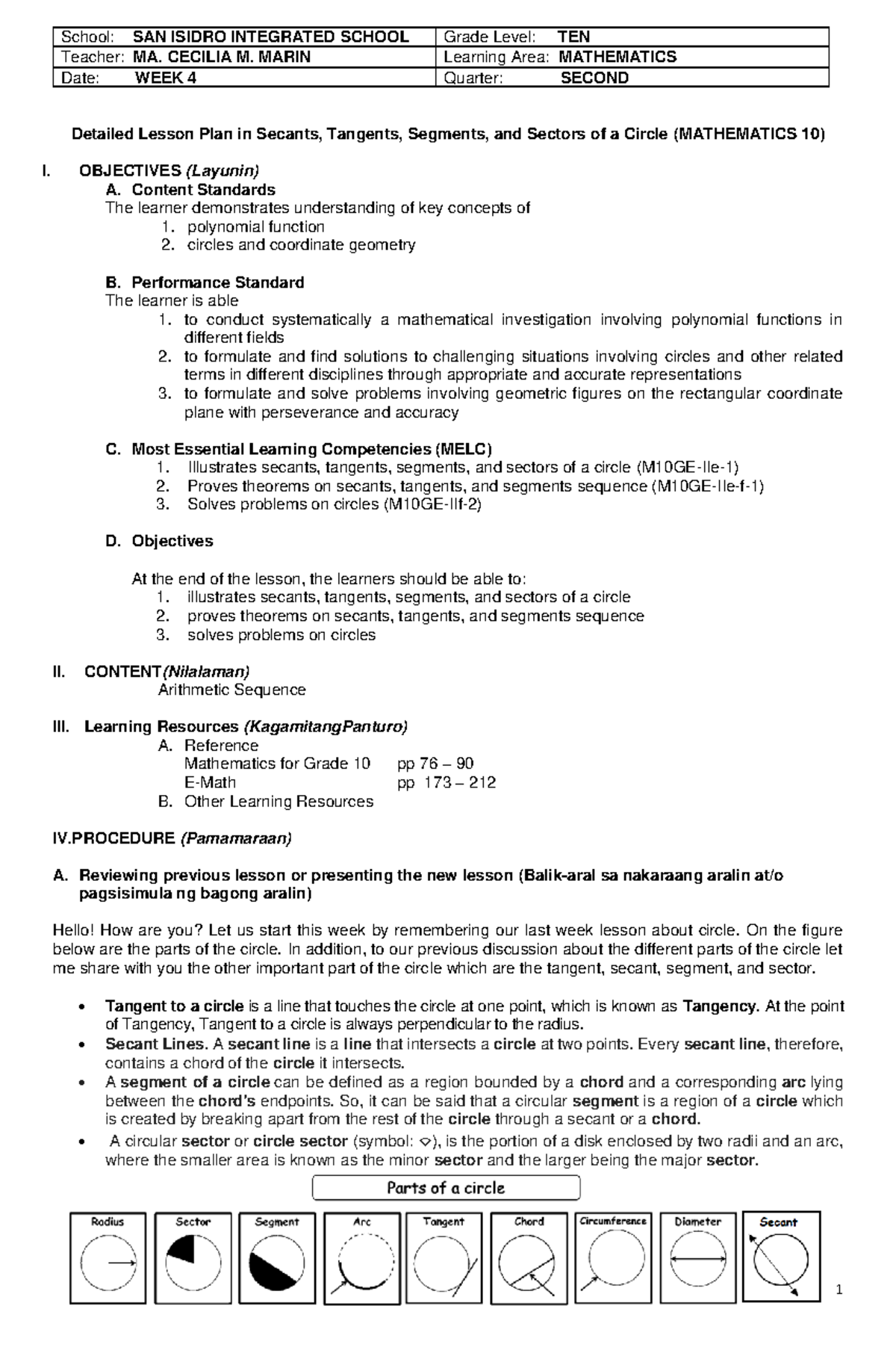 lesson plan-G10-Math-2ND-QTR-WEEK-4 - Detailed Lesson Plan in Secants ...
