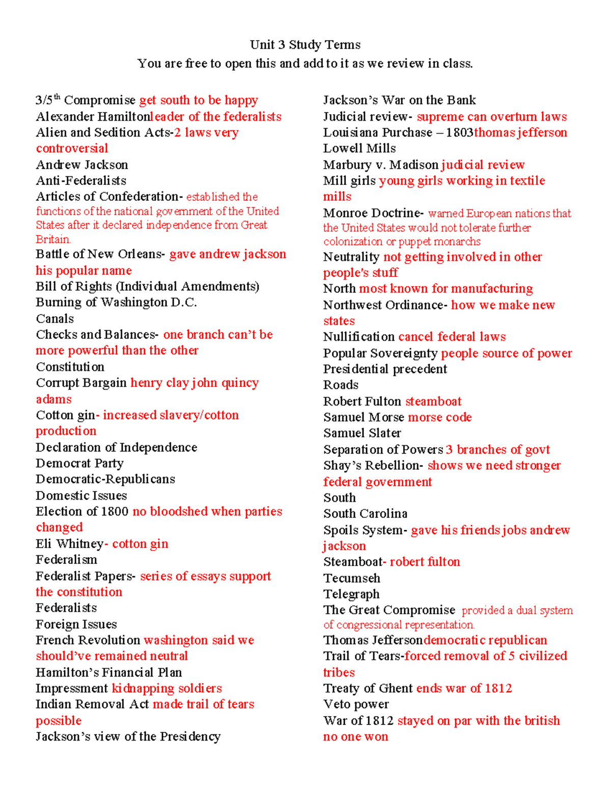 Copy of Unit 3 Study Terms - Unit 3 Study Terms You are free to open ...