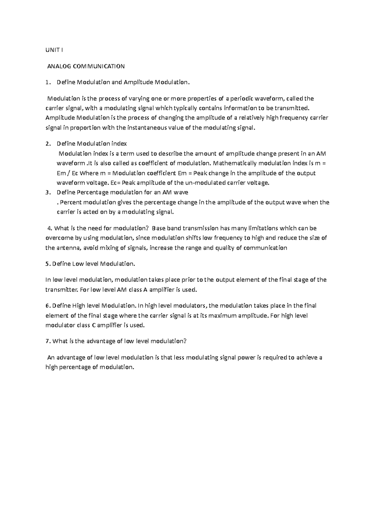 BASIC IN COMMUNICATION ENGINEERING - UNIT I ANALOG COMMUNICATION Define Modulation and Amplitude ...