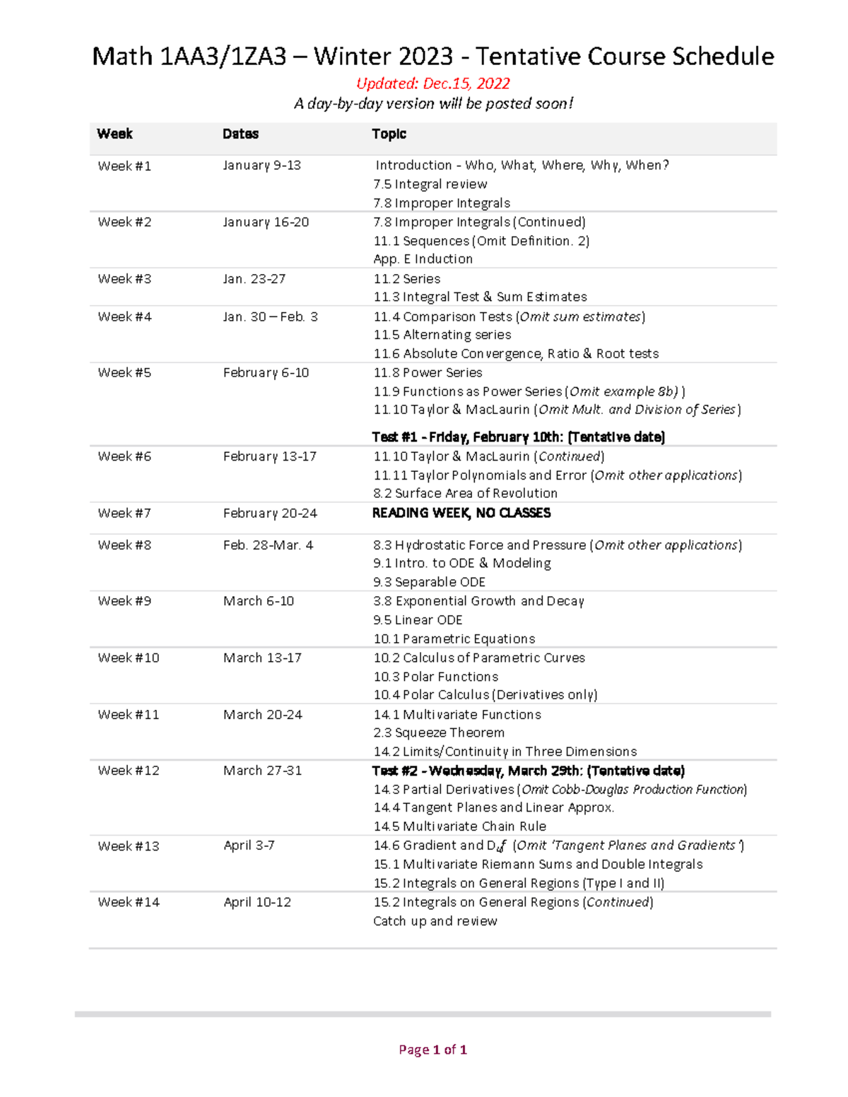 Tentative Lecture Schedule - Page 1 of 1 Math 1AA3/1ZA3 – Winter 2023 ...