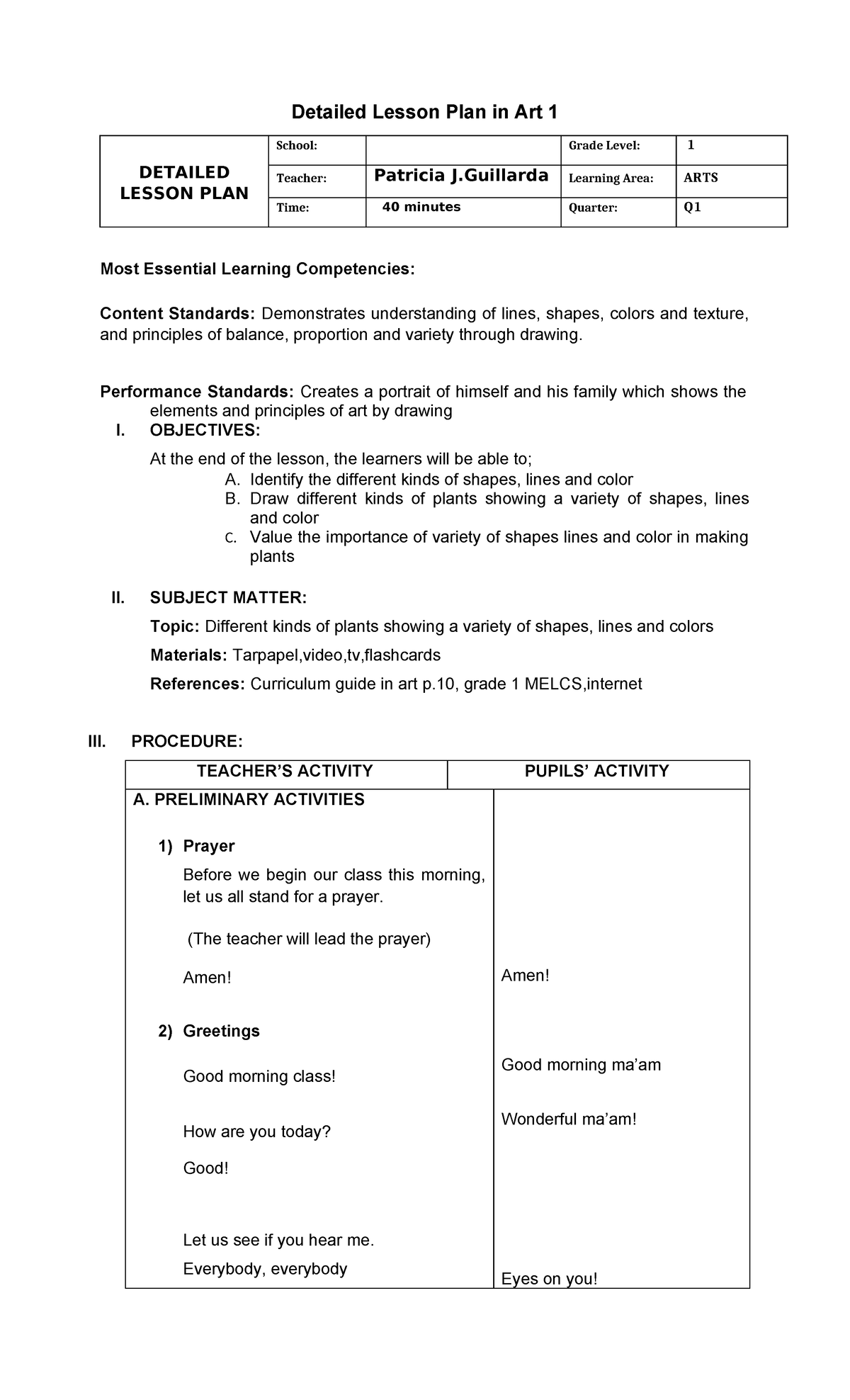 Lpfinalpatty - Lesson plan - Detailed Lesson Plan in Art 1 DETAILED ...