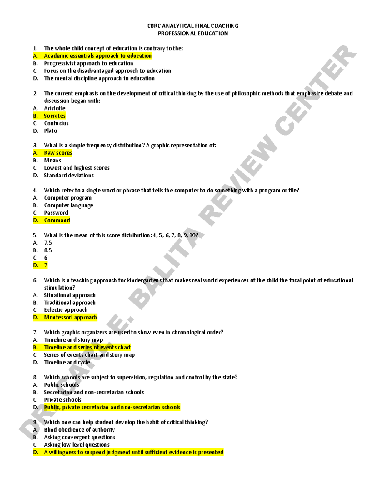 CBRC Prof Ed 1 200q - Reviewer - CBRC ANALYTICAL FINAL COACHING ...