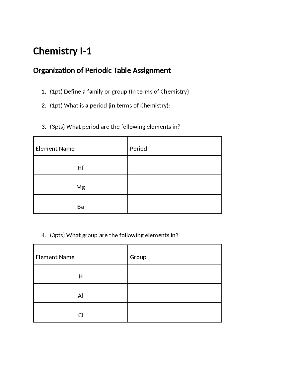 4.2 Organization of Periodic Table Activity - Chemistry I- Organization ...
