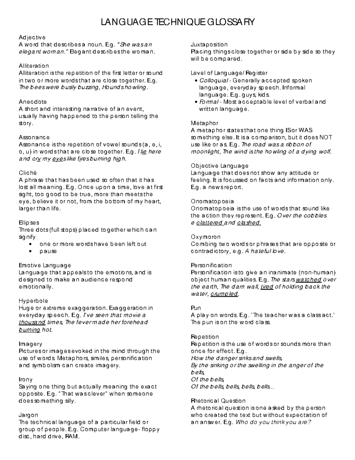 English Technique Glossary and Helpful words - LANGUAGE TECHNIQUE ...