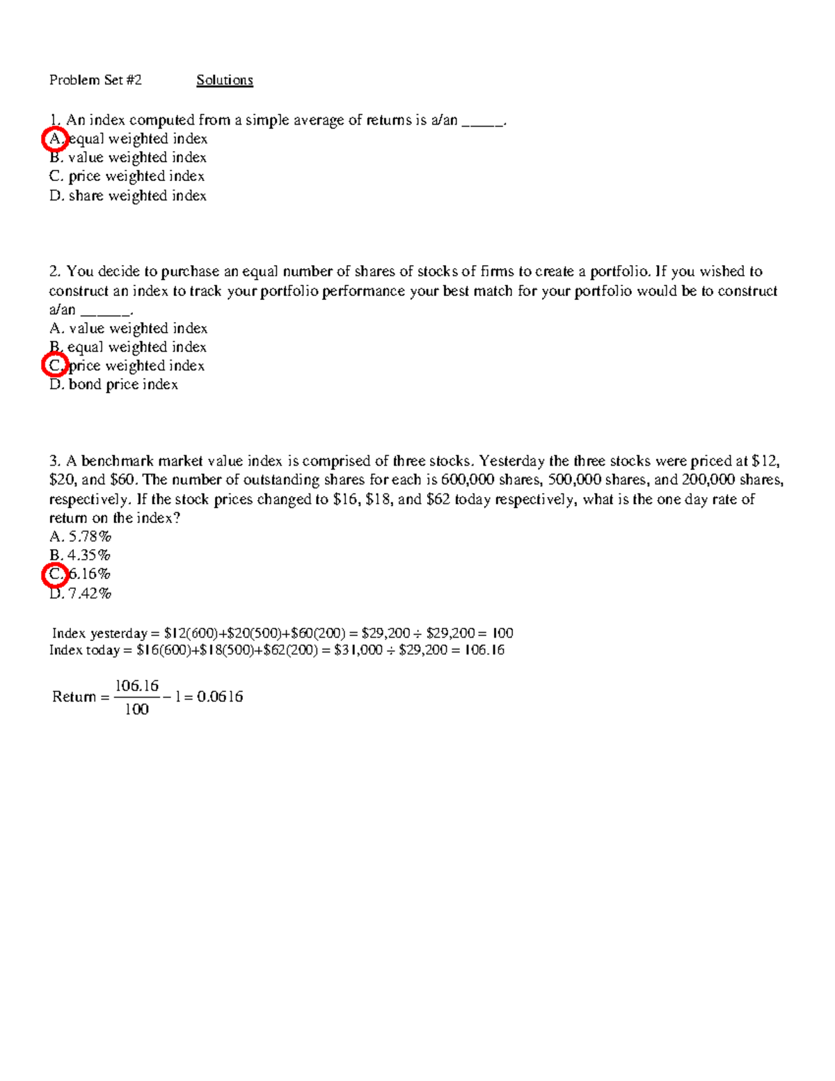 PS2 sol - Investment Analysis - Problem Set #2 Solutions An index computed from a simple average ...