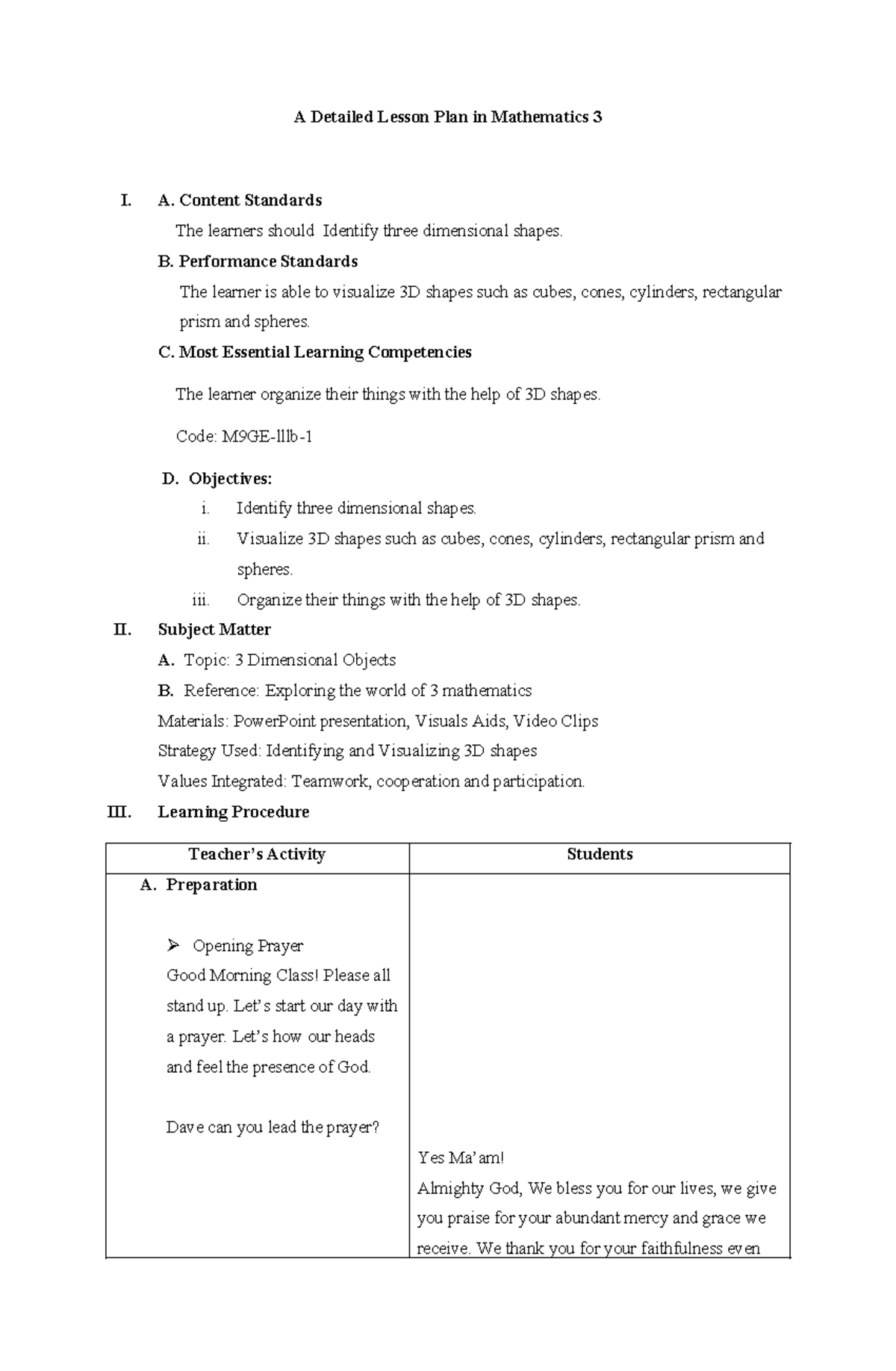 Demomath - A Detailed Lesson Plan in Mathematics 3 I. A. Content ...