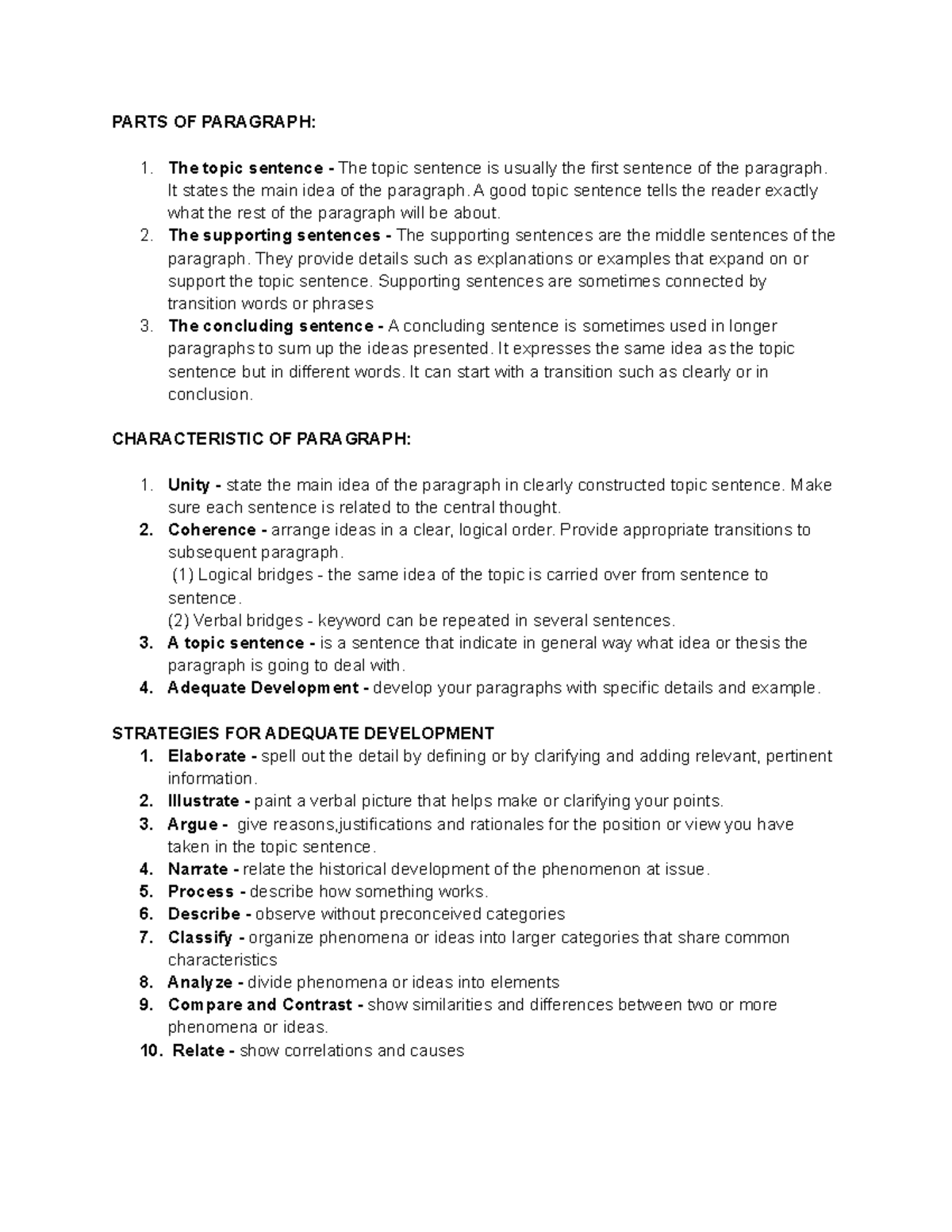 Parts OF Paragraph notes - PARTS OF PARAGRAPH: The topic sentence - The ...