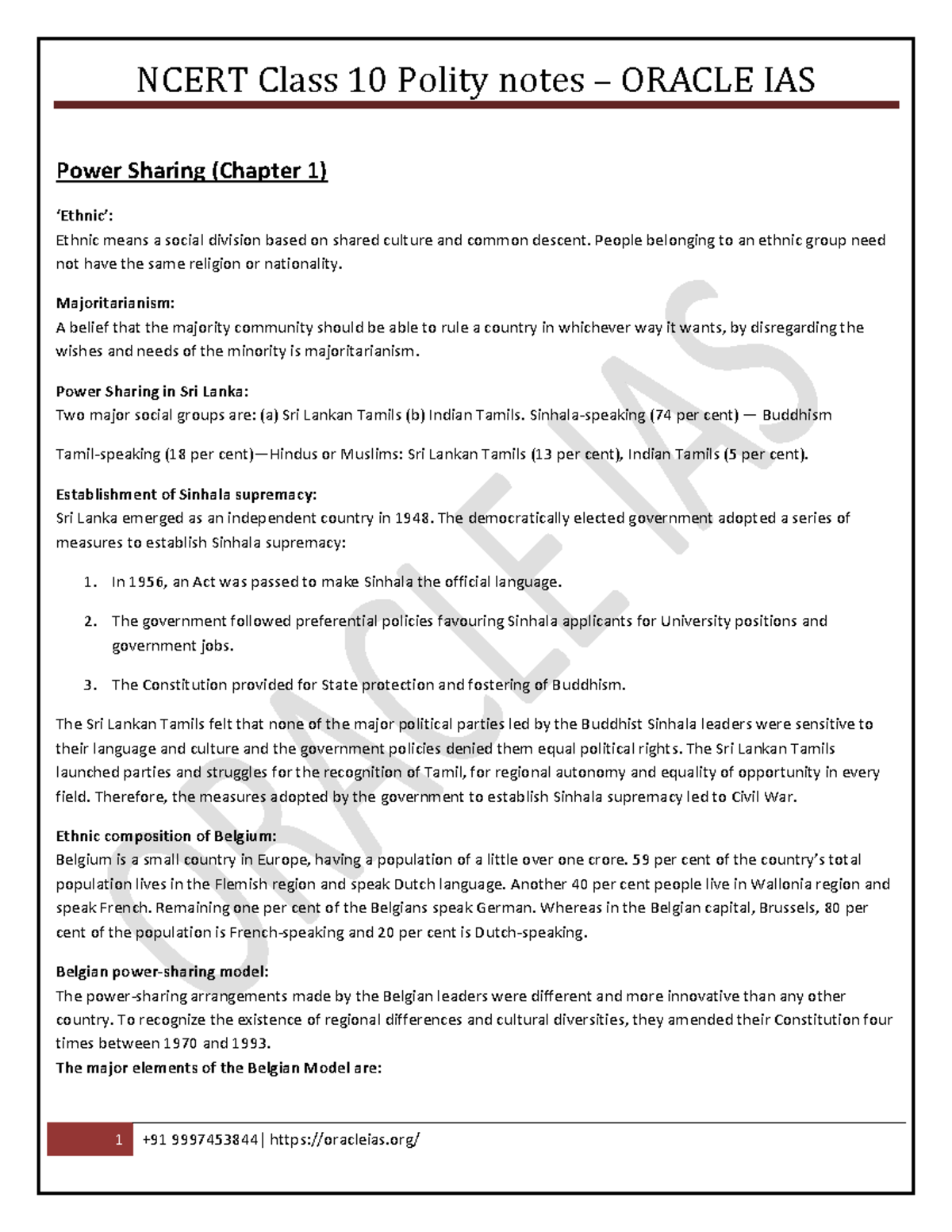 Ncert class 10 polity gist - Power Sharing (Chapter 1) ‘Ethnic’: Ethnic ...