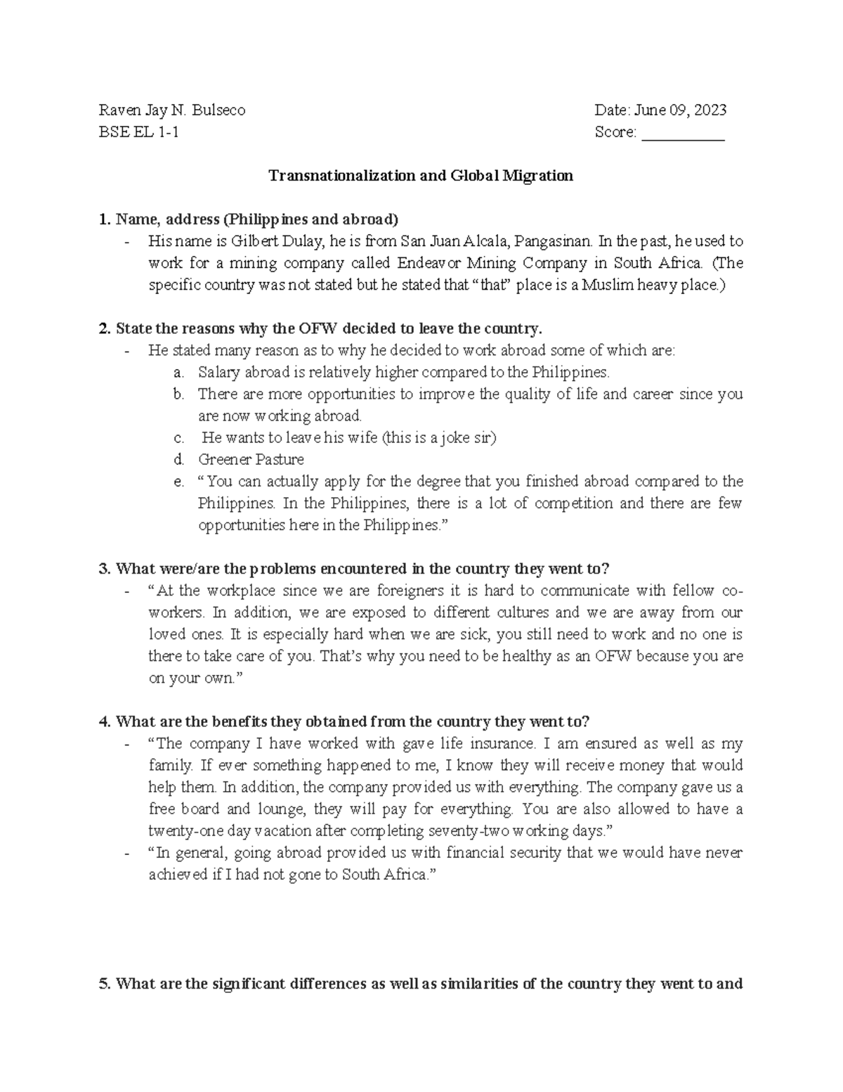 Transnationalization and Global Migration - Raven Jay N. Bulseco Date ...