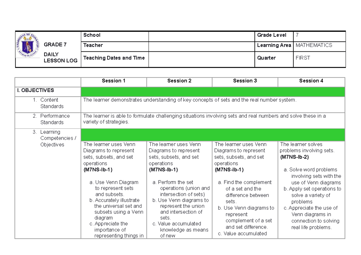 Grade 7 dll 1st quarter WEEK 2 - GRADE 7 DAILY LESSON LOG School Grade ...