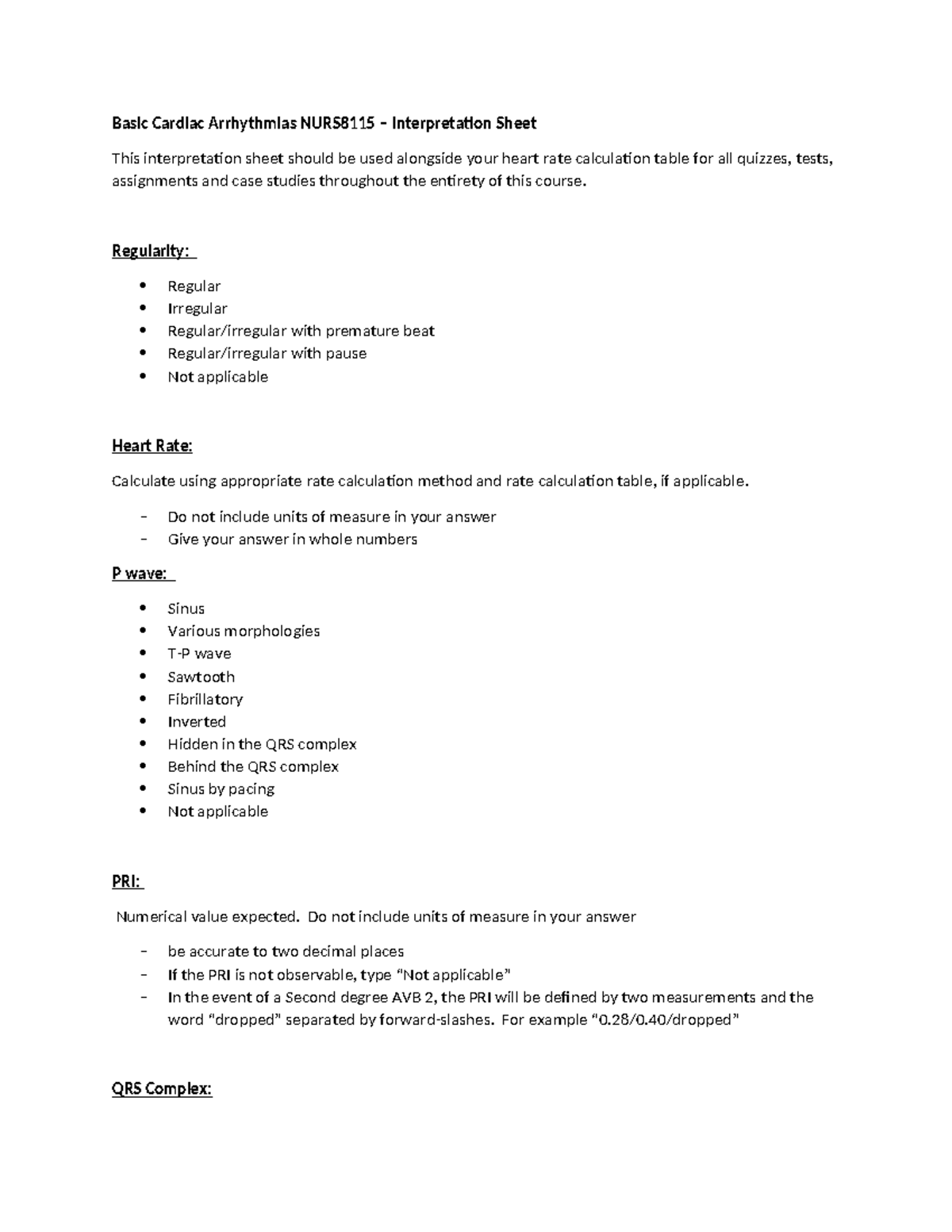 Interpretation Sheet - coursework - Basic Cardiac Arrhythmias NURS8115 ...