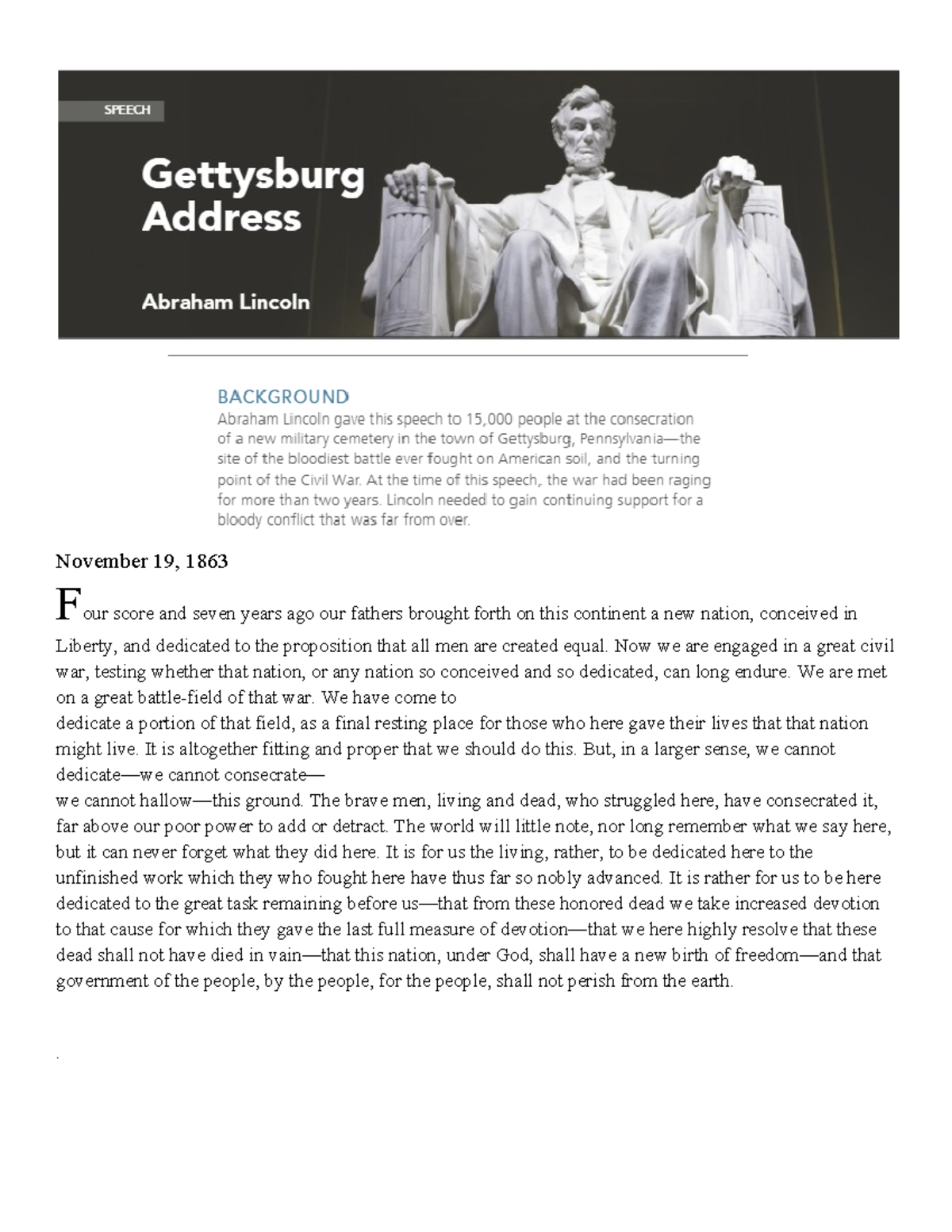Copy of The Gettysburg Address - 2-8-24 - November 19, 1863 Four score ...