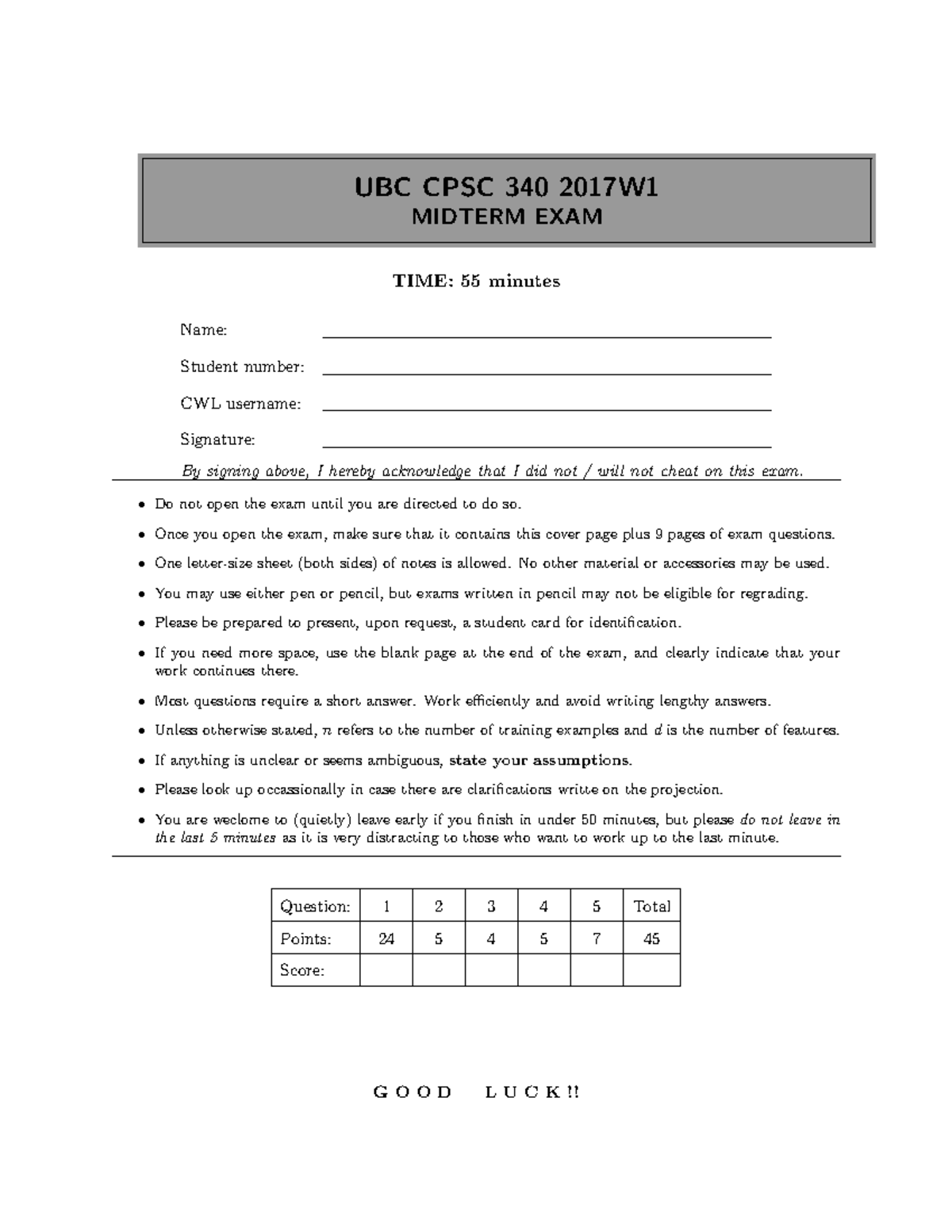 2017 W1midterm - midterm - UBC CPSC 340 2017W MIDTERM EXAM TIME: 55 ...