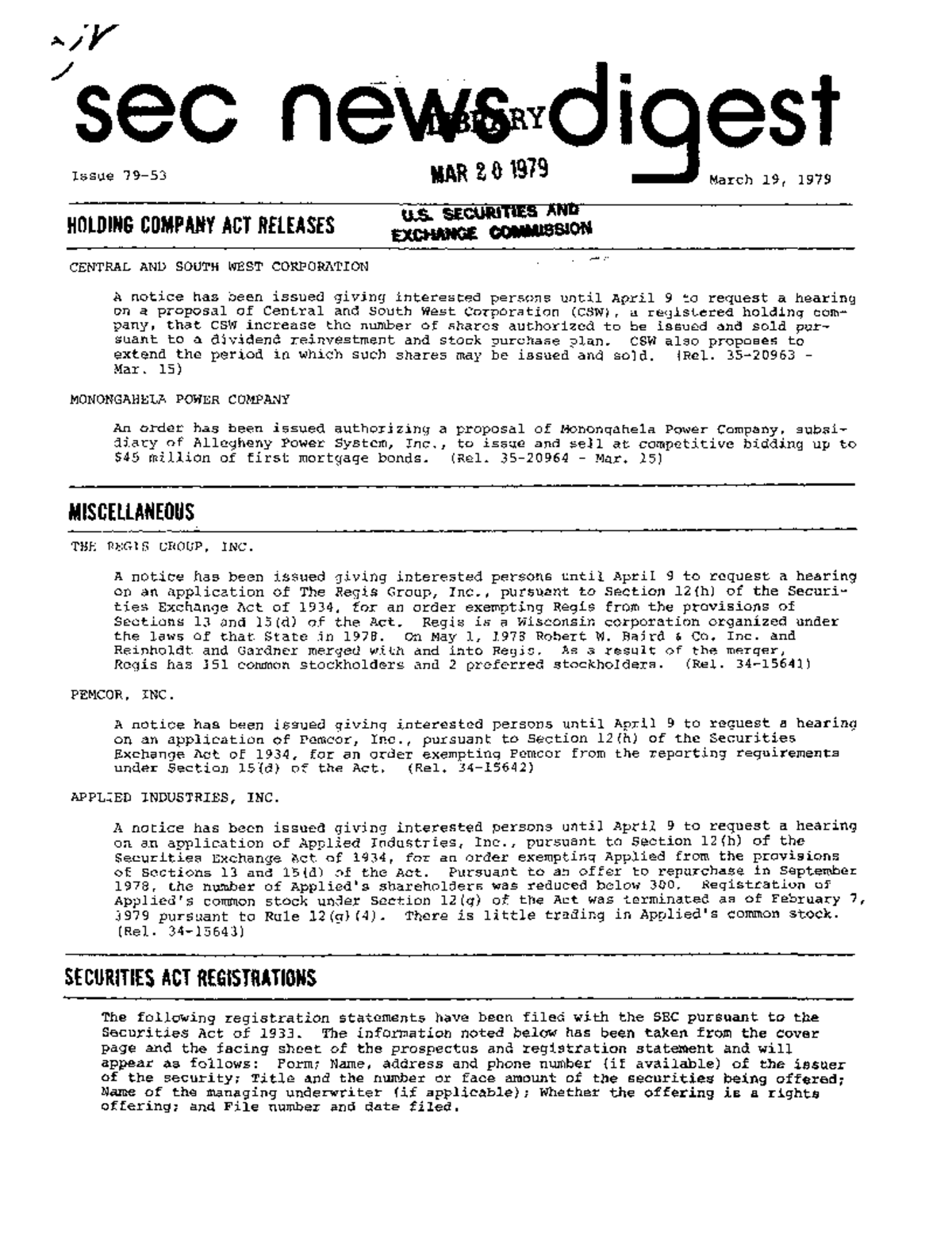 Dig031979 - List of SEC filings - ,,/"'y /l~~C ne~!:di9'~9! u.. S£cuart ...