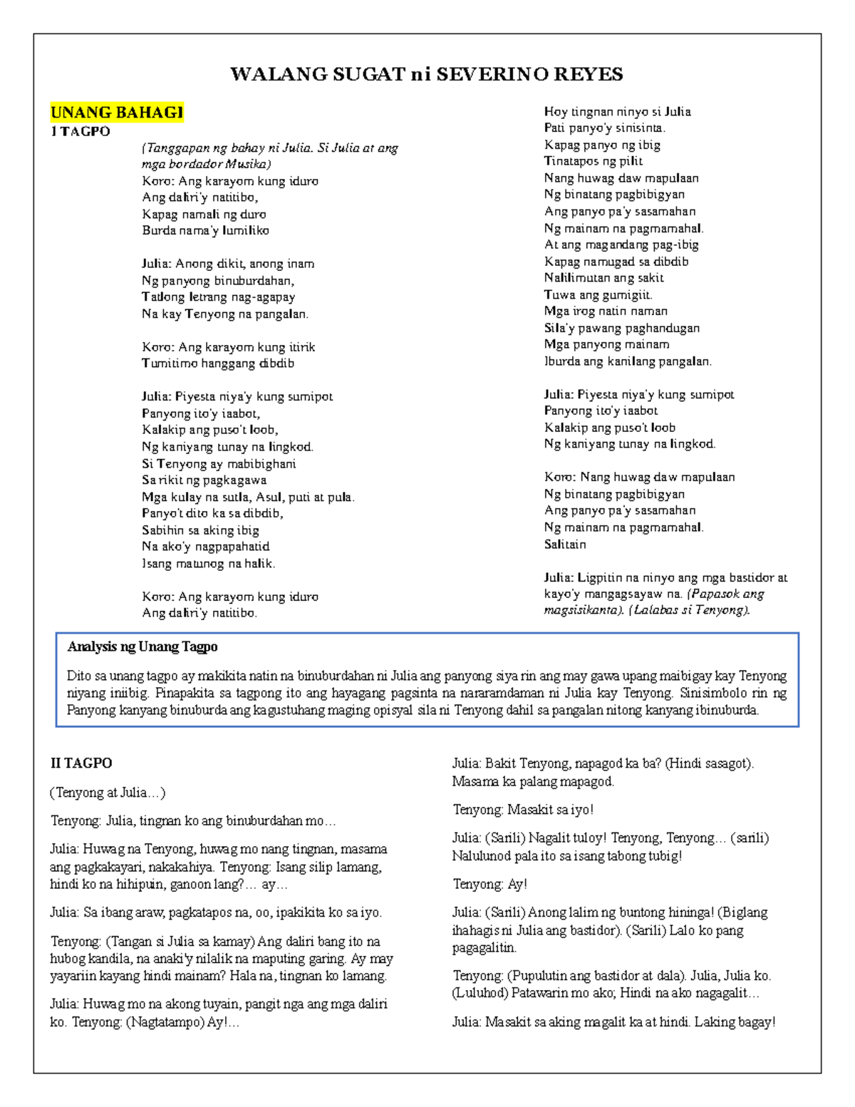 Walang Sugat NI Severino Reyes - WALANG SUGAT ni SEVERINO REYES UNANG ...