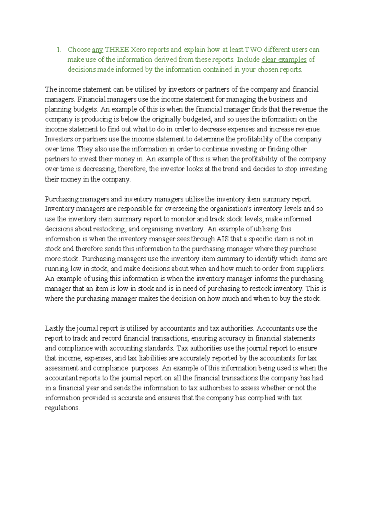 Assignment 1 ACCY225 Jacob Shamon 300619776 - Choose any THREE Xero ...