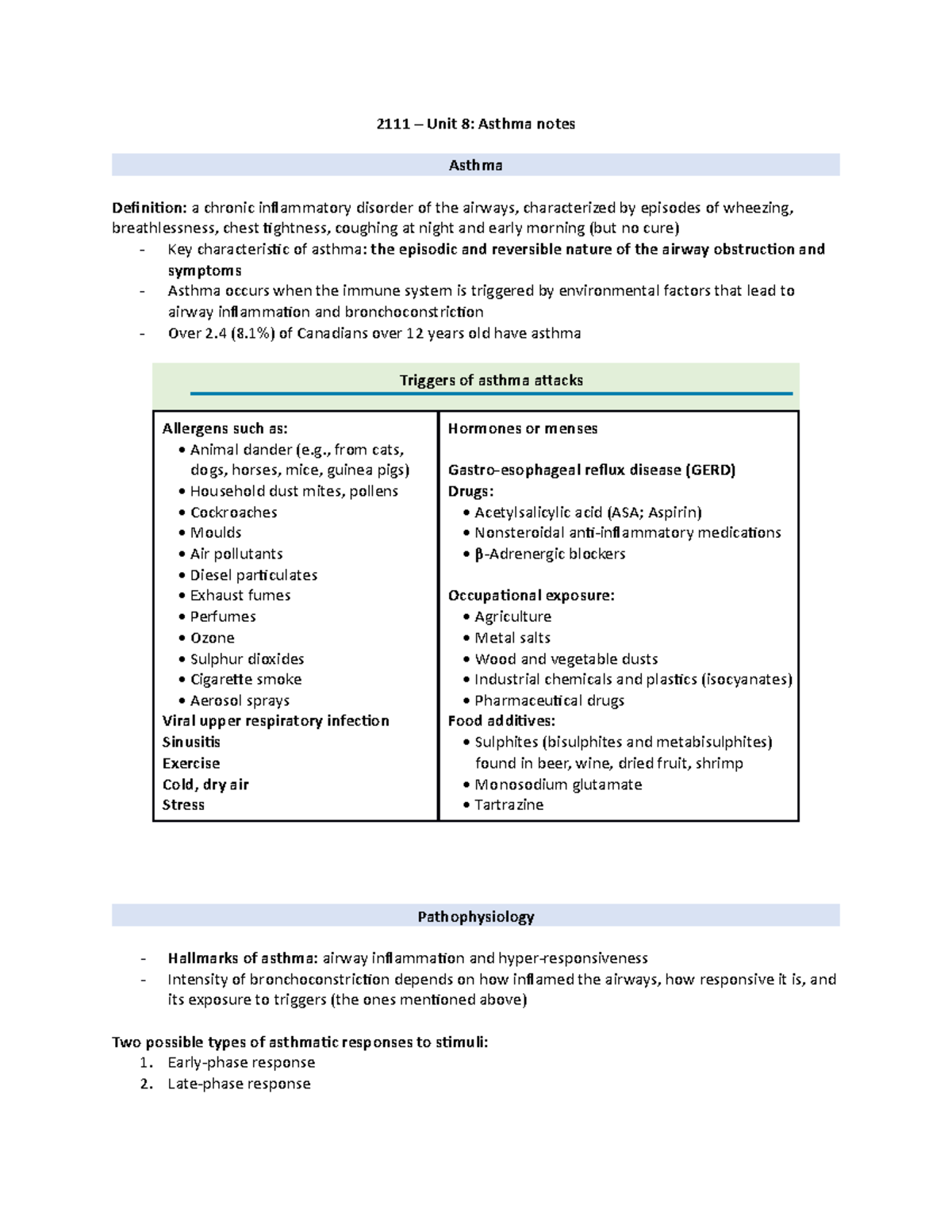 2111 Unit 8 - Asthma notes - 2111 – Unit 8: Asthma notes Asthma ...