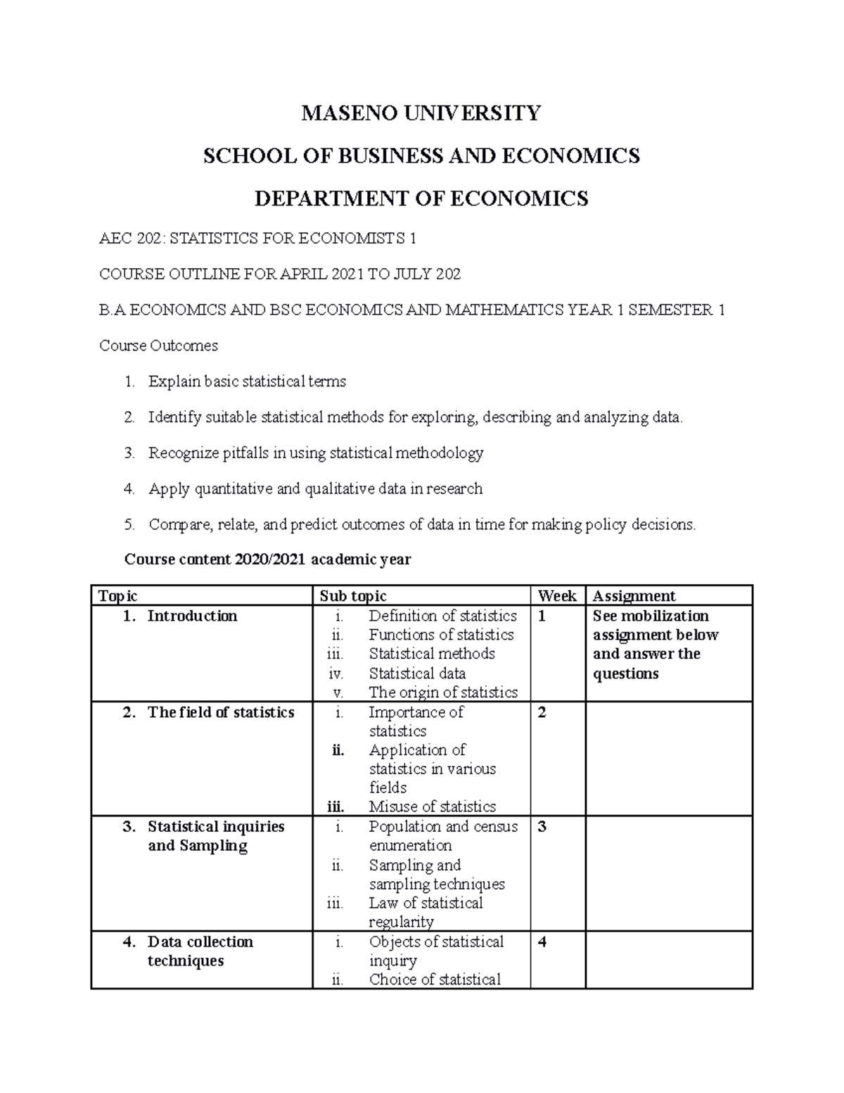 Course Outline - MASENO UNIVERSITY SCHOOL OF BUSINESS AND ECONOMICS ...