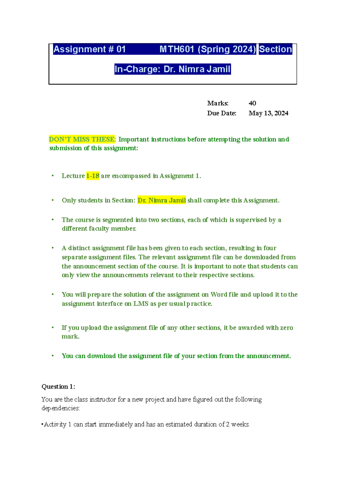 MTH601 Assignment#01 Spring 2024 In-Charge: Dr. Nimra Jamil - Assignment # 01 MTH601 (Spring ...