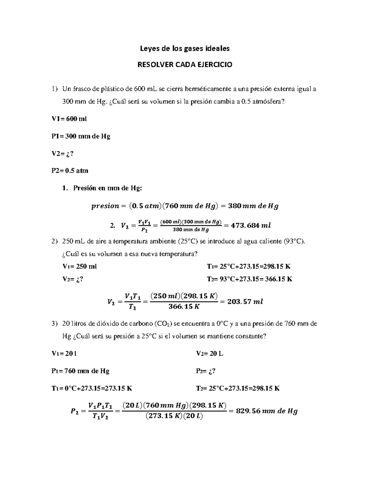 Leyes de gases ideales ejercicios - Leyes de los gases ideales RESOLVER CADA EJERCICIO Un frasco ...