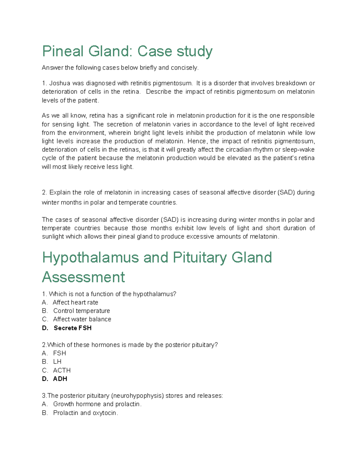 Pineal Gland Case study - Pineal Gland: Case study Answer the following ...