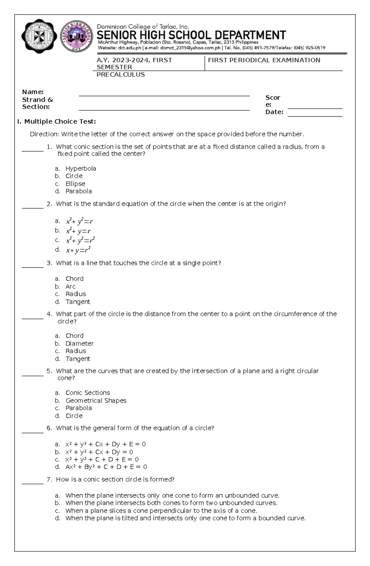 Precalculus 1ST- Periodical-EXAM - Name: Strand & Section: I. Multiple ...