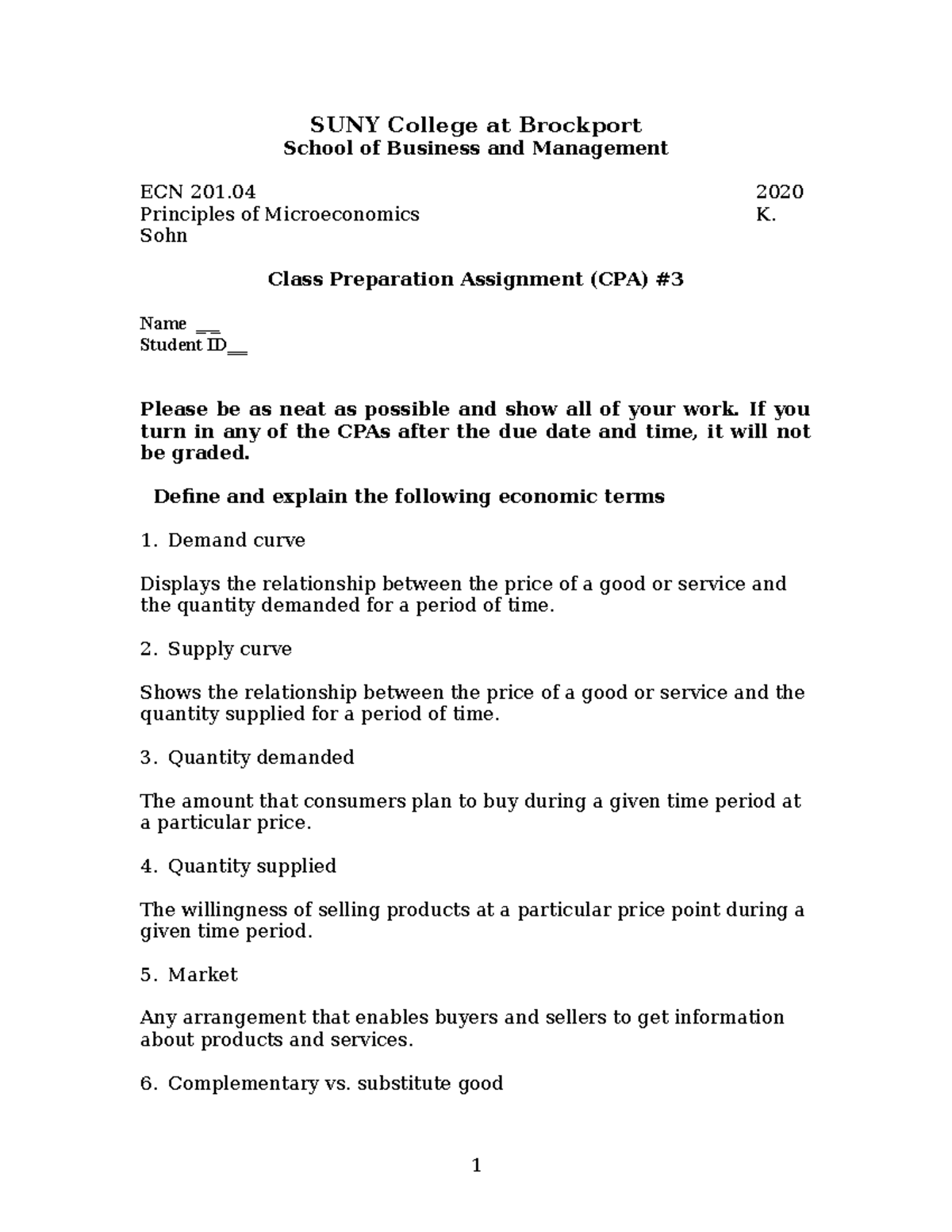 CPA 3 - Fall 2020 semester with Professor Sohn - SUNY College at ...