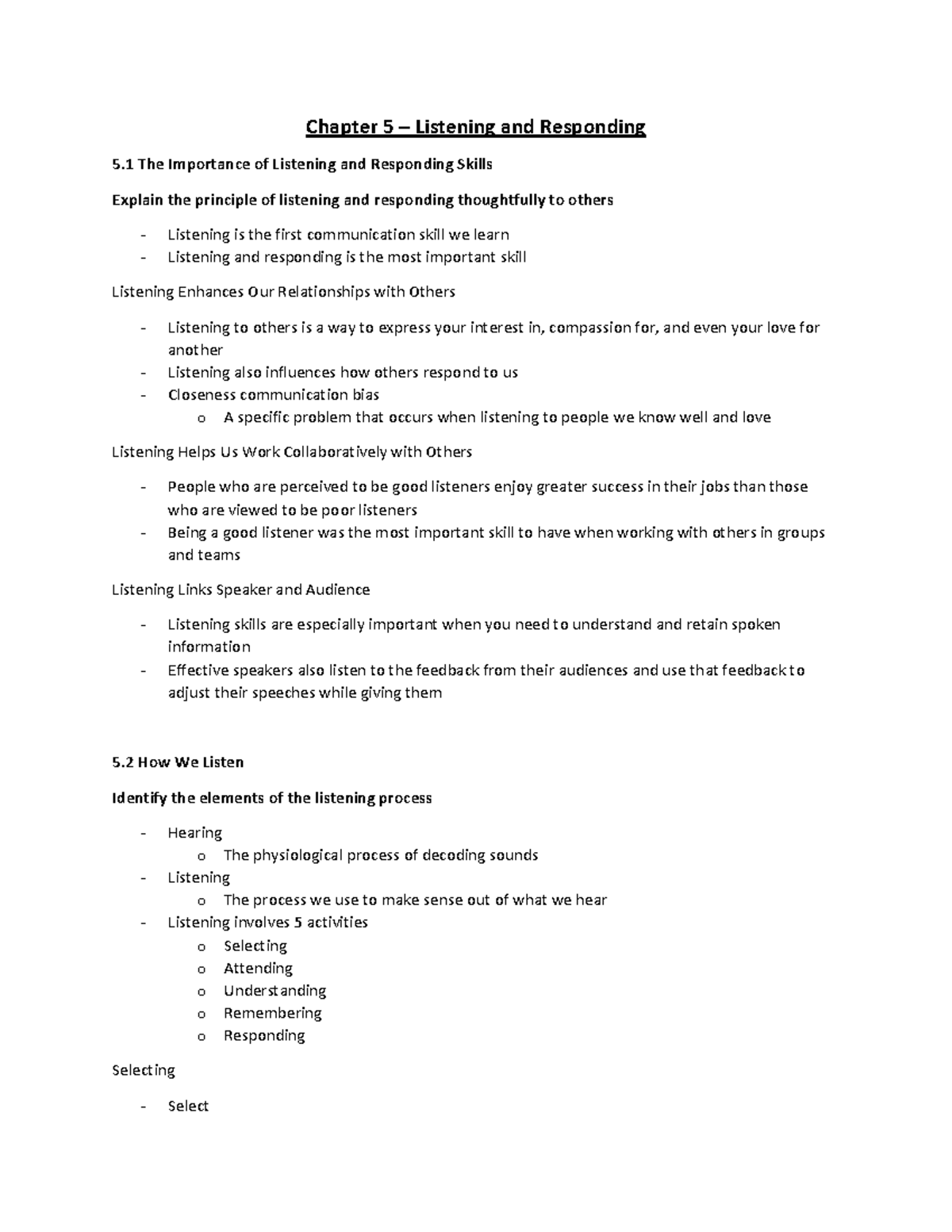 COMM - chapter 5 - Kristen Farris - Chapter 5 – Listening and ...